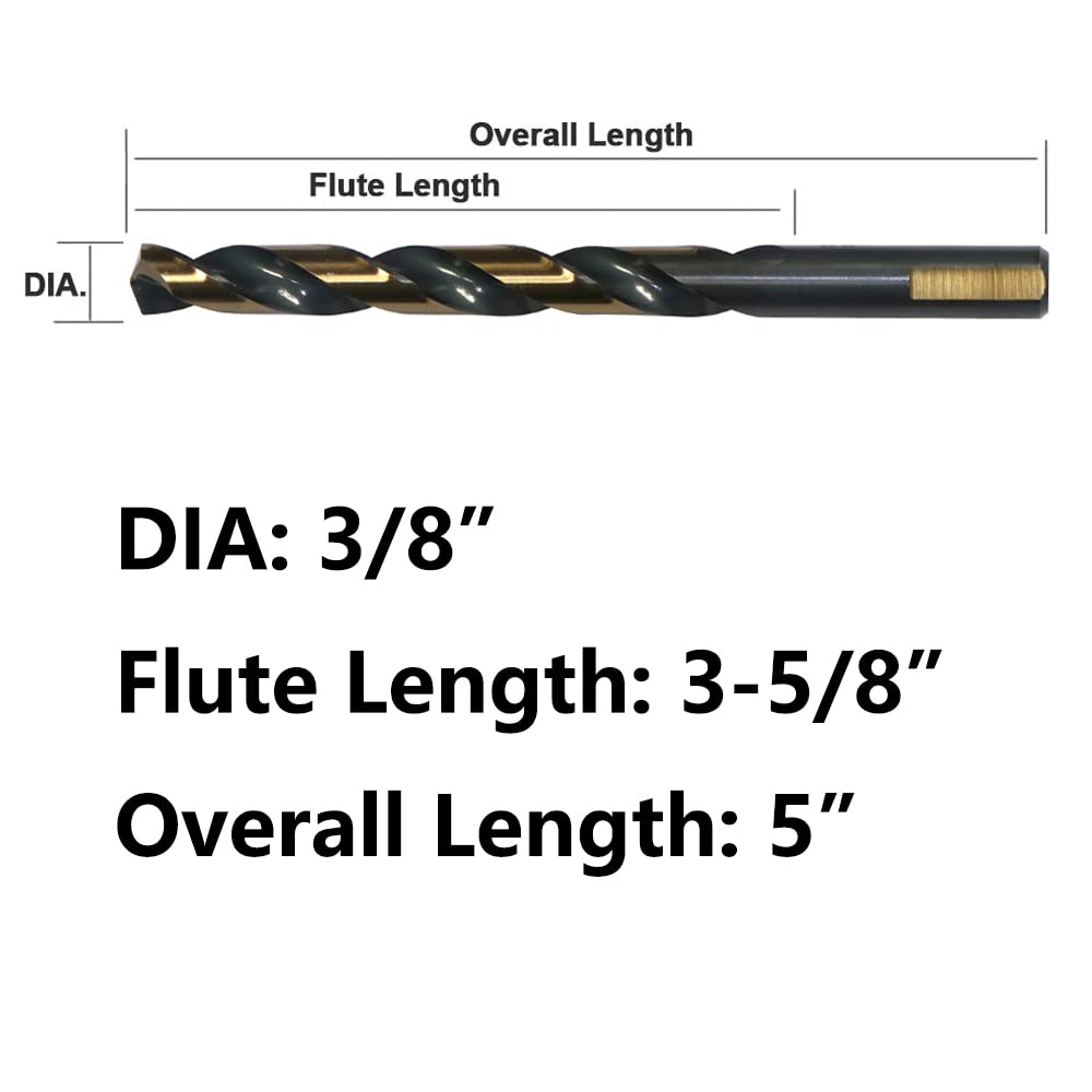 VALYRIANTOOL 6PCS 3/8" HSS Black Gold Twist Drill Bits Set, 135 Degree Split Point, Jobber Metal Drill Bit, General Purpose for Use in Mild Steel, Copper, Aluminum, Zinc Alloy, Wood, and Plastic