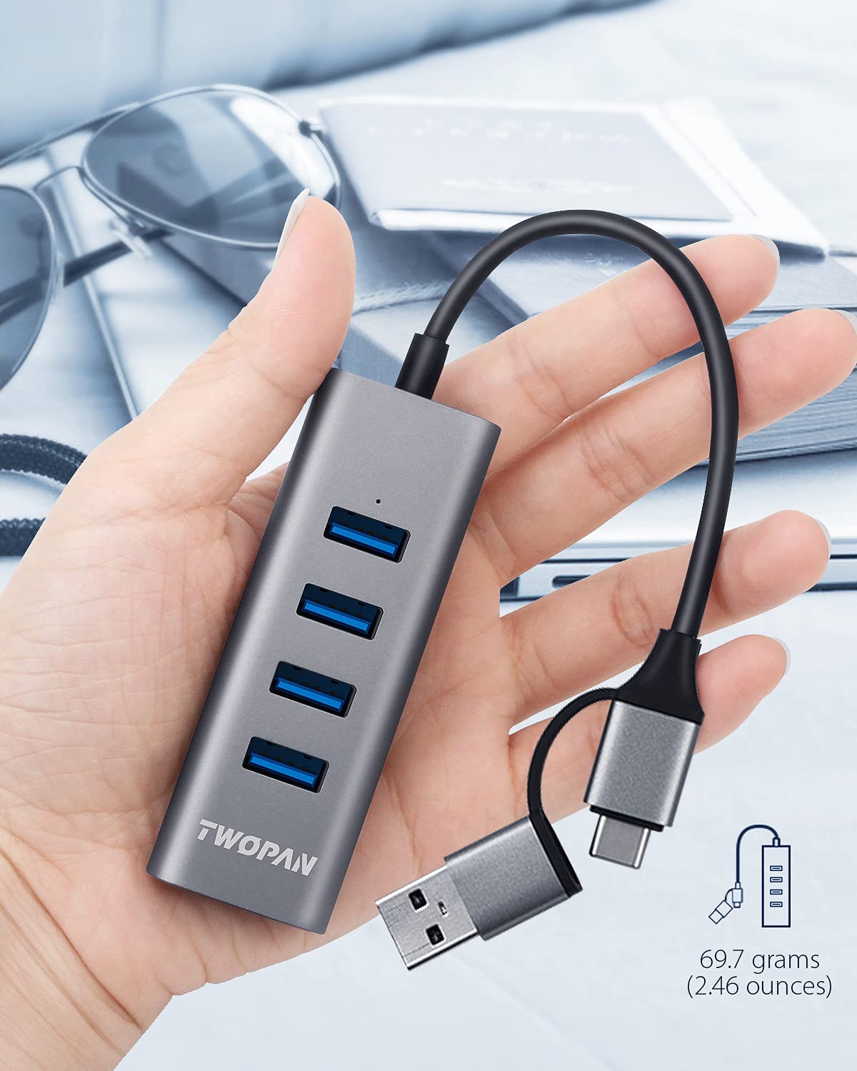 TWOPAN USB 3.0 Hub, Ultra Slim 4 Port USB Data Hub Splitter for Laptop, MacBook Pro/Air, iMac, iPad Pro, Chromebook, XPS, iPhone 15, Galaxy S23, USB Flash Drives, Keyboard, Mouse, Mobile HDD