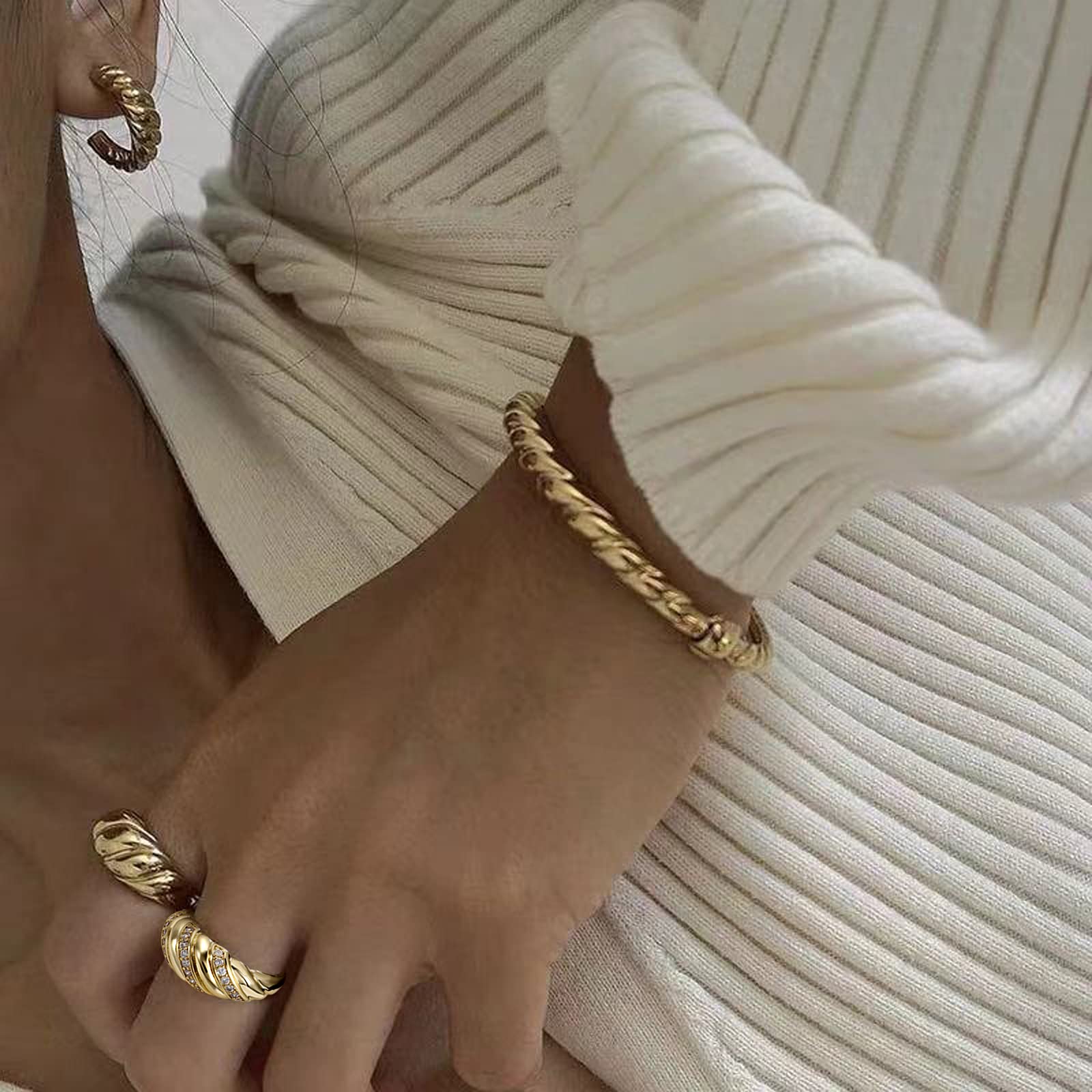 YOUFENG 18k Gold Filled Chunky Dome Ring for Women Croissant Braided Twisted Stacking Band for Women Statement Ring Size 9