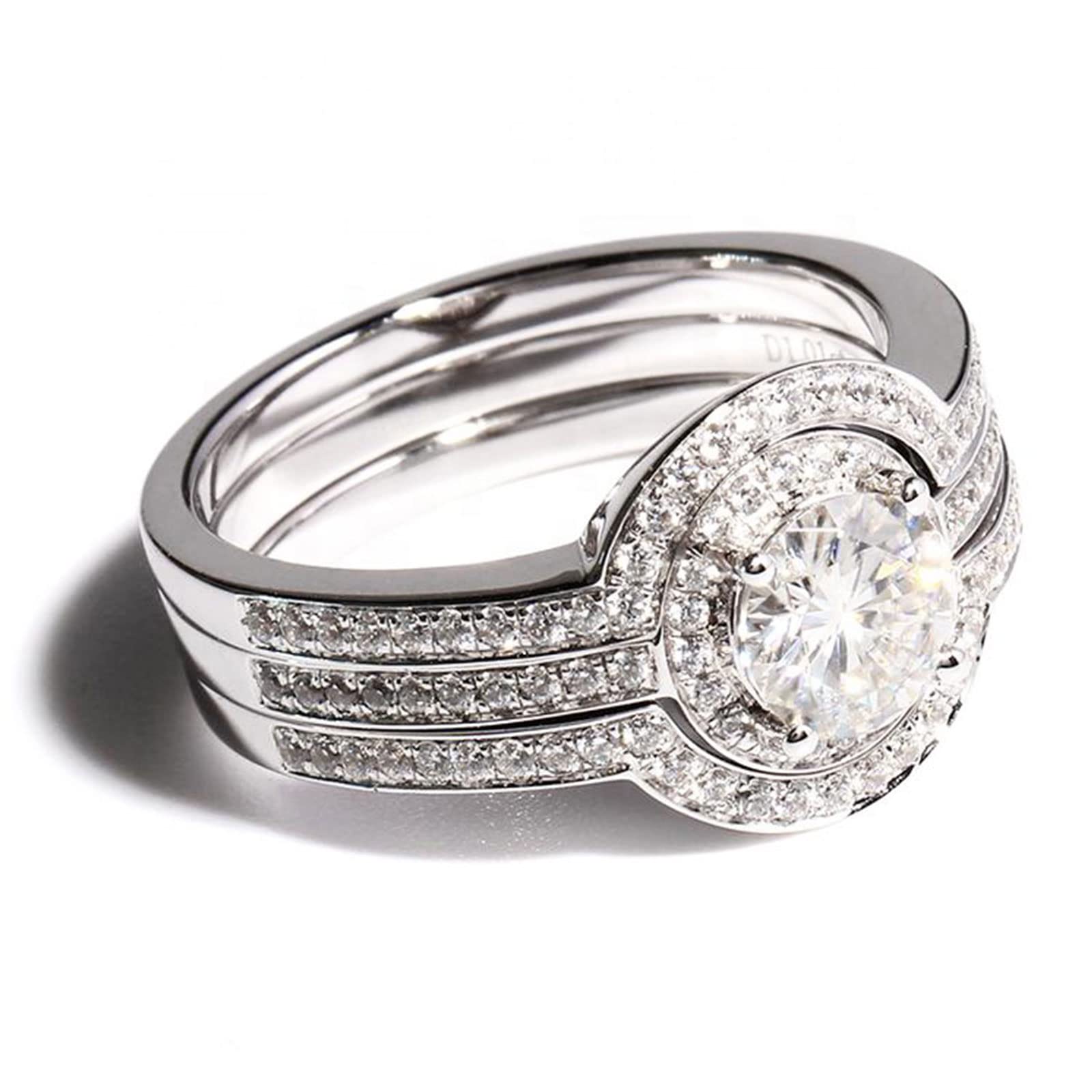 WSX Gold 1ct Moissanite Bridal Rings Sets for Women Her Bright Halo Wedding ring Simulated Diamond Engagement Ring Trio Set