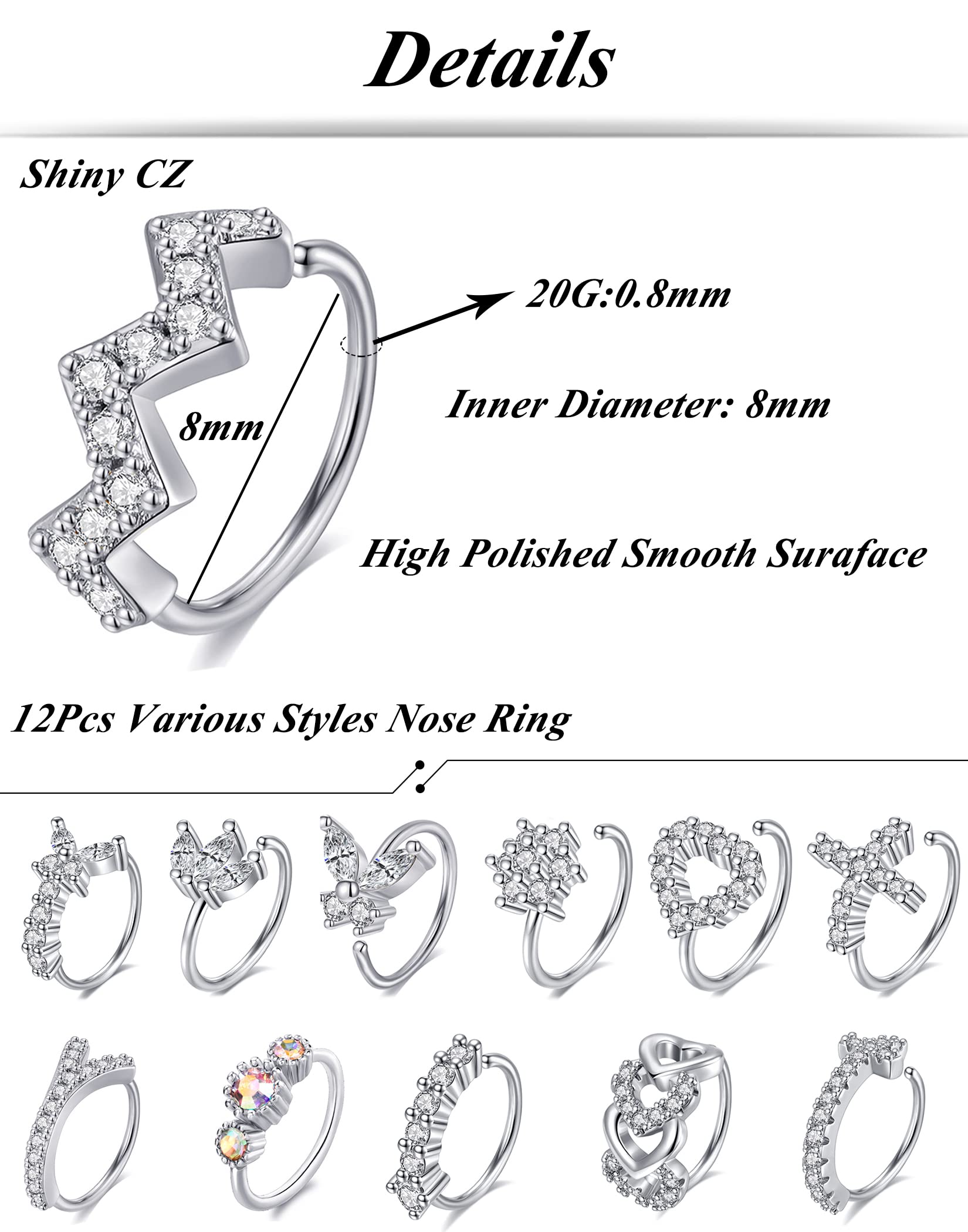Tornito 10Pcs Nose Ring Hoop Paved Flower Leaf Feather CZ Cartilage Earrings Nose Piercing Jewelry for Women Men Silver Gold Rose Gold Tone 20G (H: Silver Tone)