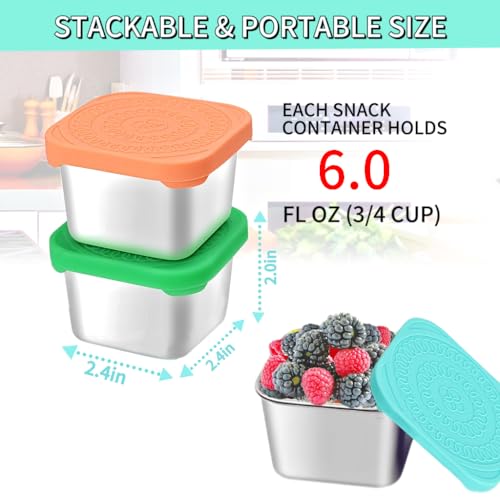 SEUOX 6Pack 6oz Stainless Steel Snack Containers for Kids, Easy Open Leak Proof Metal Toddler Snack Containers with Silicone Lids, Stackable Metal Toddler Lunch Box for Daycare, School and Travel