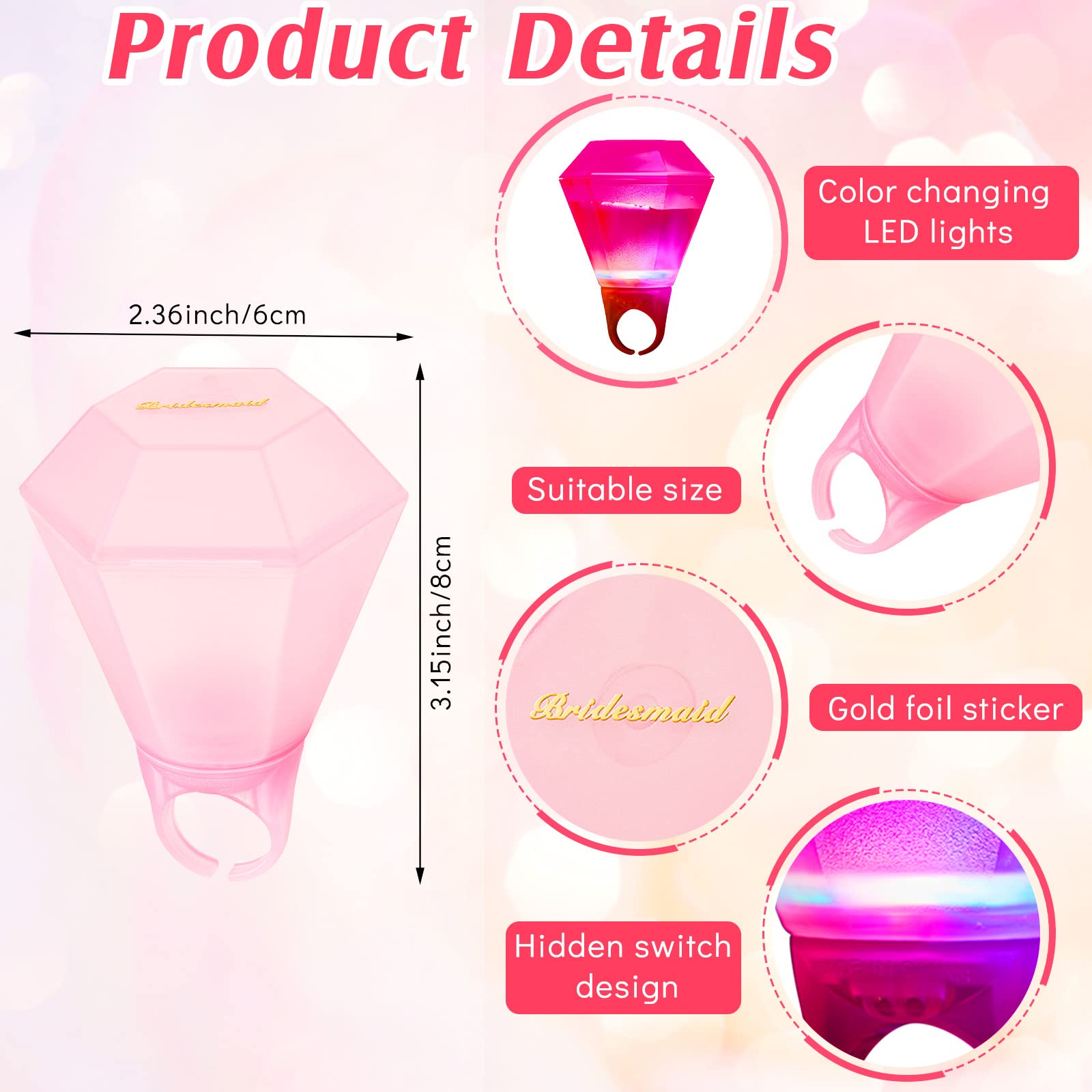 Tessco 8 Pcs Wedding Ring Shot Glass LED Light up Plastic Flash Ring Shot Glasses for Wedding Party Supplies and 8 Pcs Vinyl Gold Bride Bridesmaid Stickers
