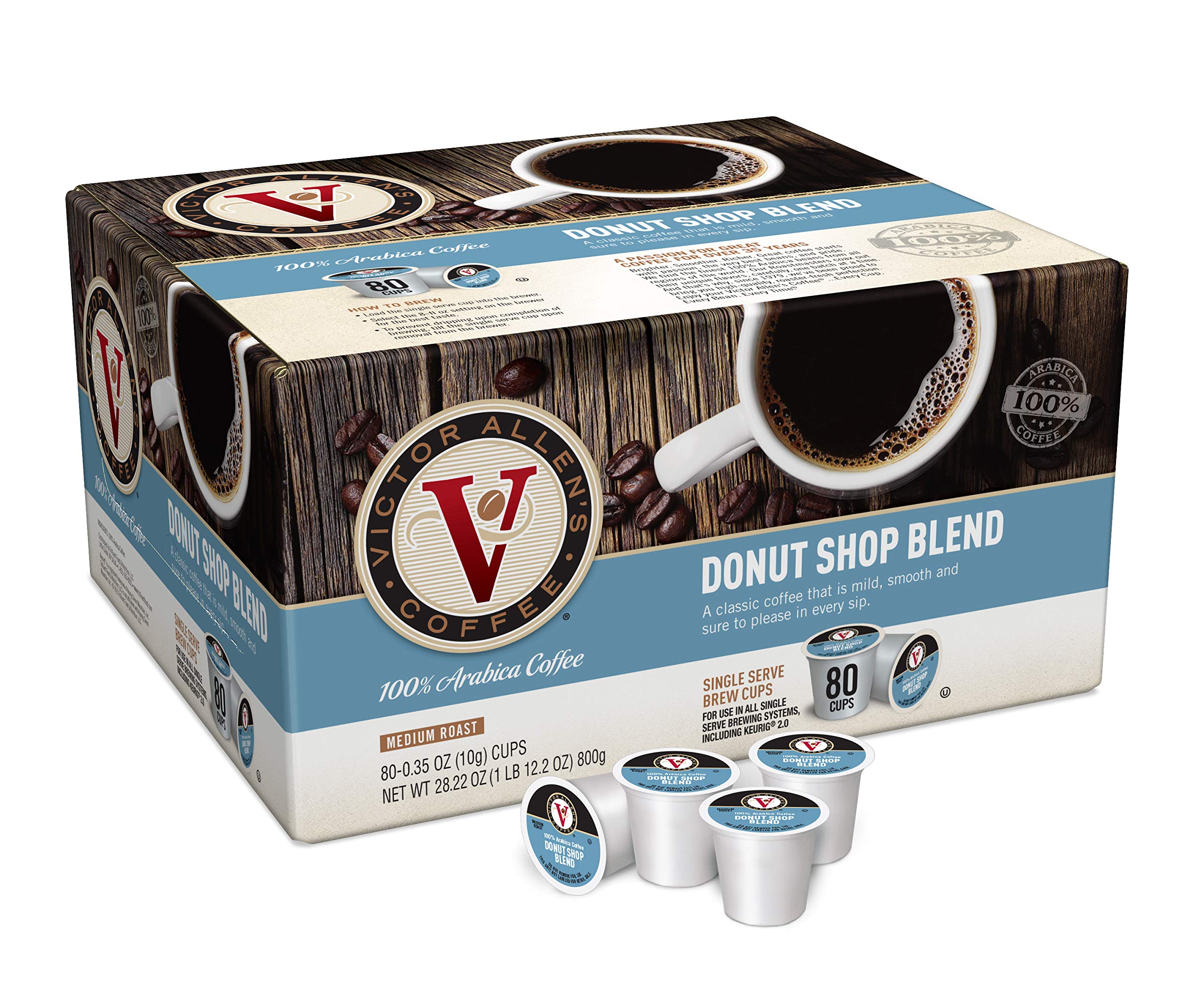 Victor Allen's Coffee Donut Shop Blend and Decaf Donut Shop Blend, Medium Roast, 80 Count Each, Single Serve Coffee Pods for Keurig K-Cup Brewers (2 Pack)