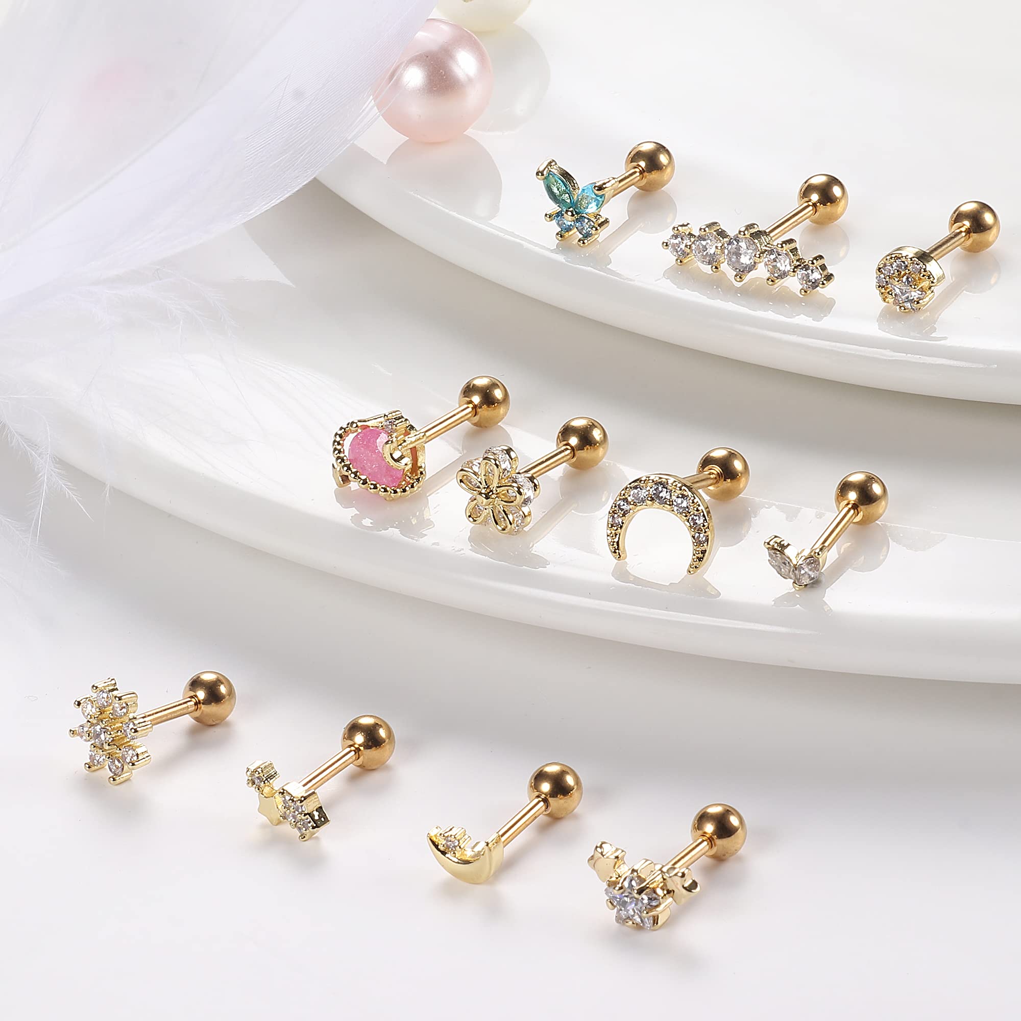 Sanfenly 11Pcs 16G Cartilage Earrings Studs Stainless Steel CZ Forward Helix Tragus Stud Earring Cute Butterfly Moon and Star Cartilage Daith Conch Ear Piercing Jewelry for Women