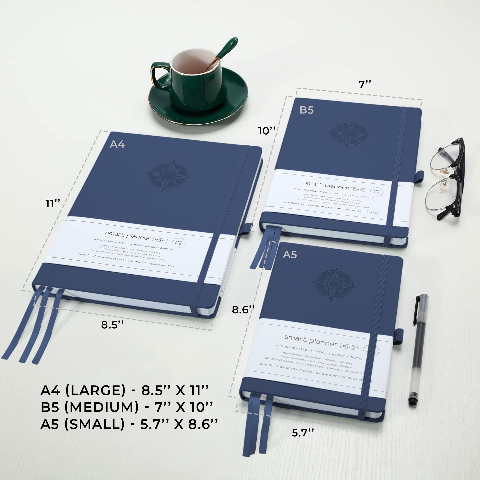 Smart Planner Pro β Undated Daily Planner β Small A5 β Achieve Goals & Increase Productivity β Weekly, Monthly, Work Sections, Organizer Diary with Back Pocket, 3 Satin Bookmarks & Pen Holder