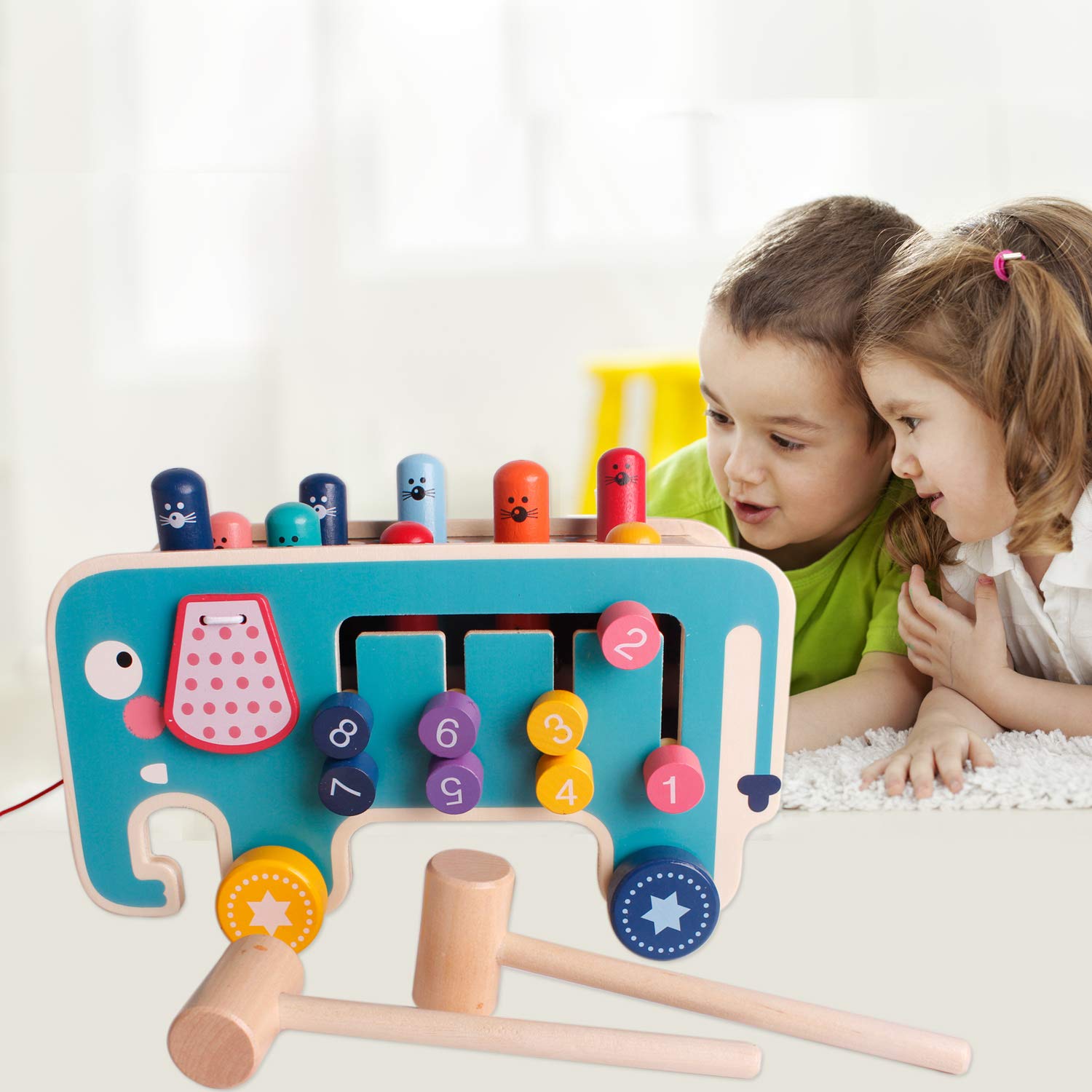 SHIERDU Whack a Mole Game for Toddlers, Wooden Educational Toy for Hammering, Pounding, Hitting and Pull Along, Xylophone, Elephant, Gopher, Mouse and Hamster, Gift for 3+ Years Boys and Girls (Dds-1)