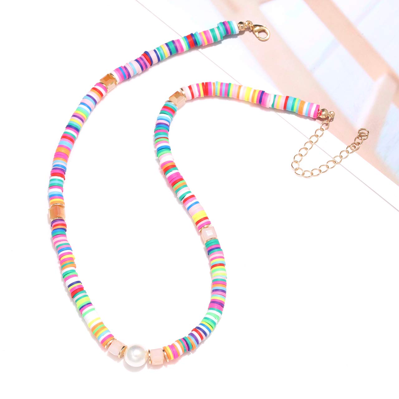 Surfer Necklace Bracelet for Women - Heishi Beaded Necklaces Colorful Stretch Bracelet Stack Jewelry Set for men 10 pcs