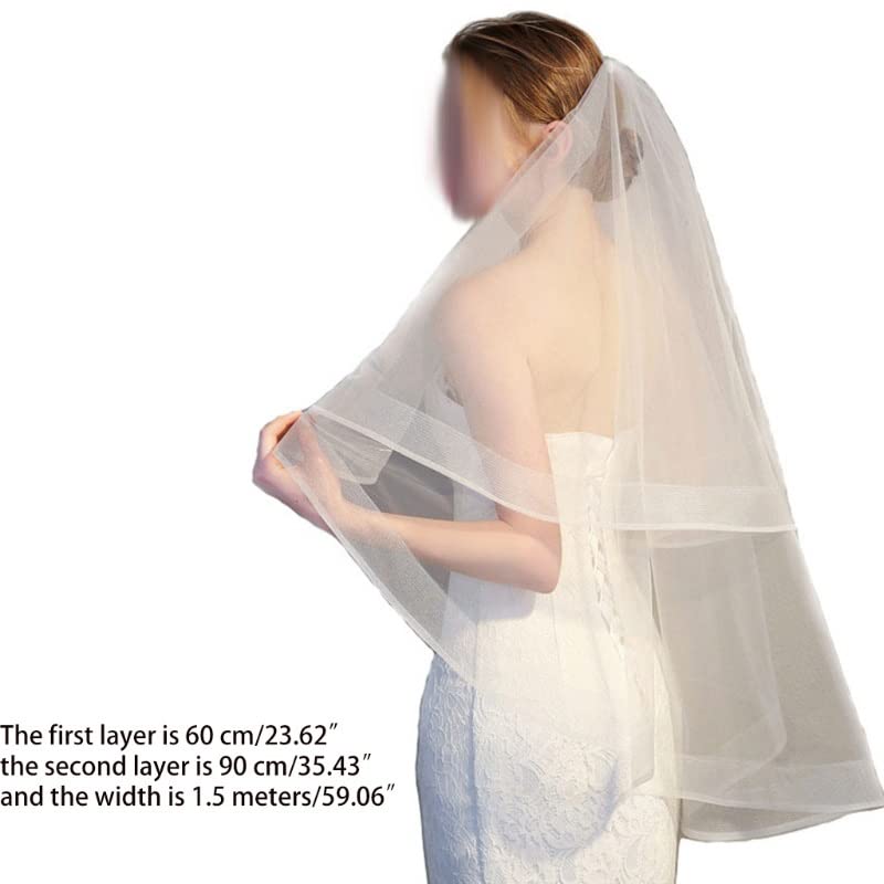 XBWEI 2 Tier Short Illusion Veils Longest Tulle 35" Wedding Bridal Veil with Metal Comb White Hair Accessories for Bride