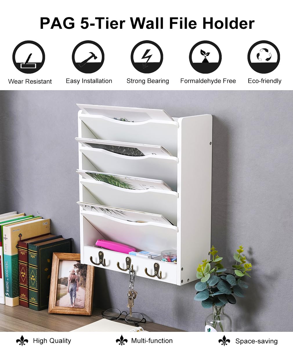 PAG 5-Tier Wall File Holder Hanging Mail Organizer Wood Magazine Literature Rack with 6 Hooks, White