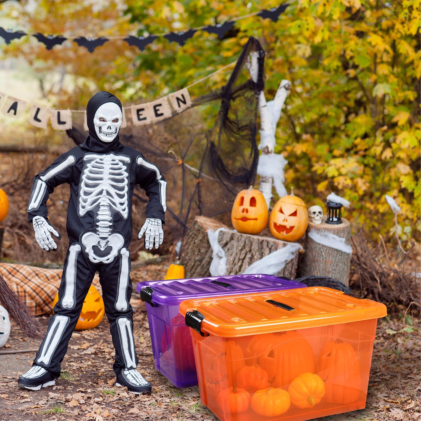 Sweetude 8 Pcs Halloween Plastic Storage Bin with Lids Purple Orange Clear Plastic Storage Totes Container 53 Qt Stackable Nestable Holiday Storage Box with Wheels and Latching Handles