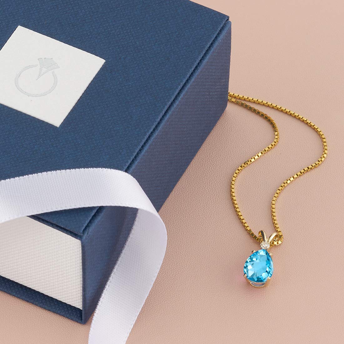 PEORA 14K Yellow Gold Swiss Blue Topaz with Diamond Pendant for Women, Genuine Gemstone Birthstone Elegant Teardrop Solitaire, Pear Shape, 10x7mm, 2.30 Carats total