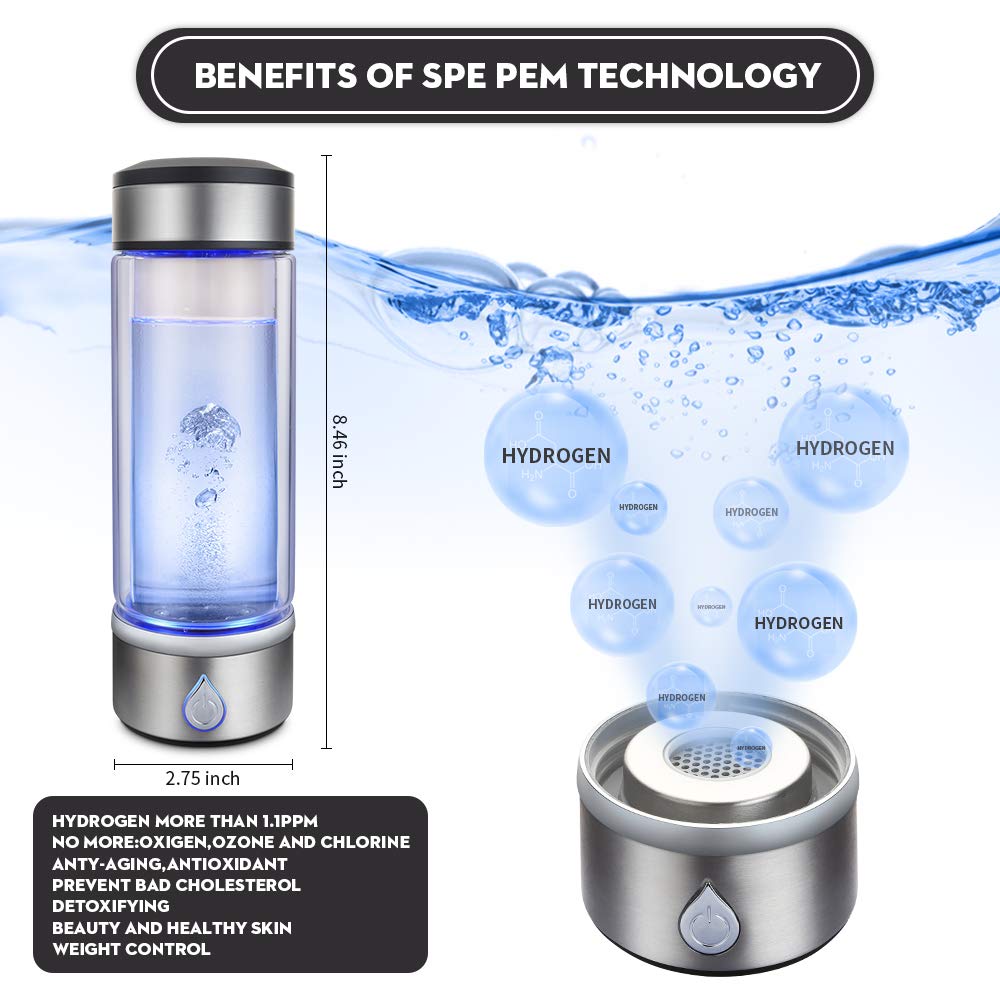SAIKUN Hydrogen Rich Water Cup ,PEM Technology Ionizer , Portable USB Rechargeable Ionized Water Generator Anti Aging Antioxidant Glass Bottle- 350ml