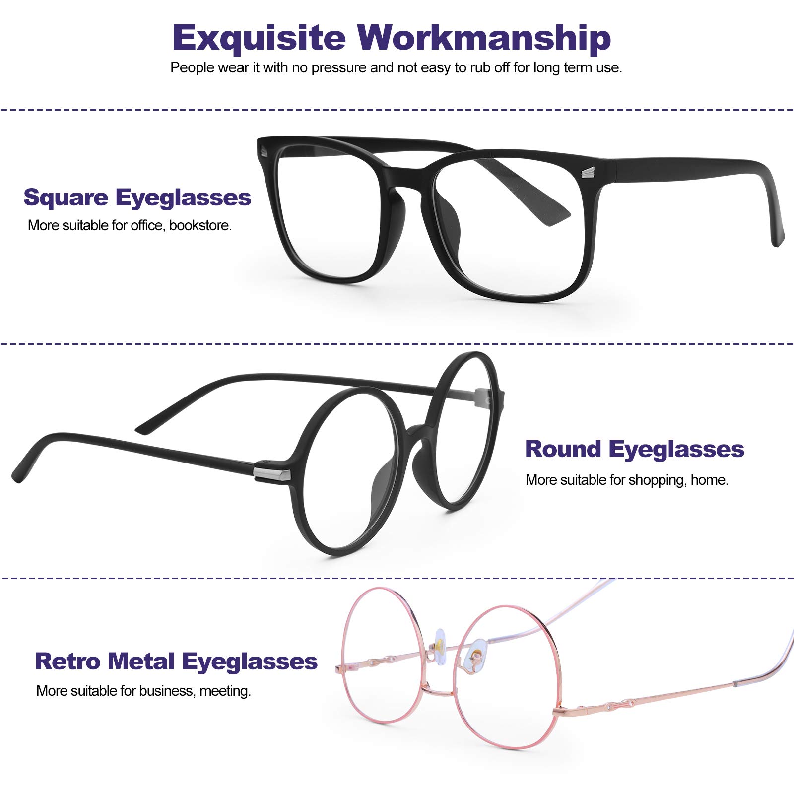 ViewFeast Blue Light Blocking Glasses, 3 Pack Reading Glasses, Three Styles For Square Oval Eyeglasses Frame, Anti Blue Ray Computer Game Glasses Anti Eyestrain UV For Women Men