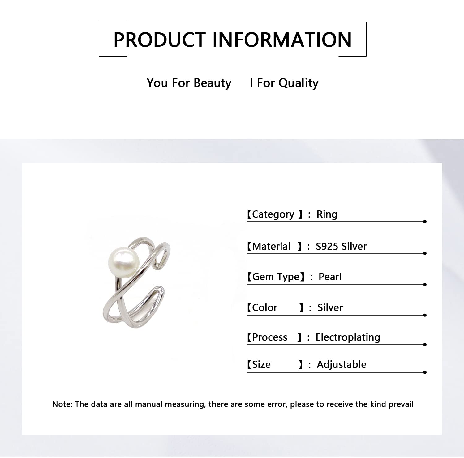XSTian S925 Sterling Silver Pearl Ring for women 6.5mm White Freshwater Cultured Pearl Adjustable