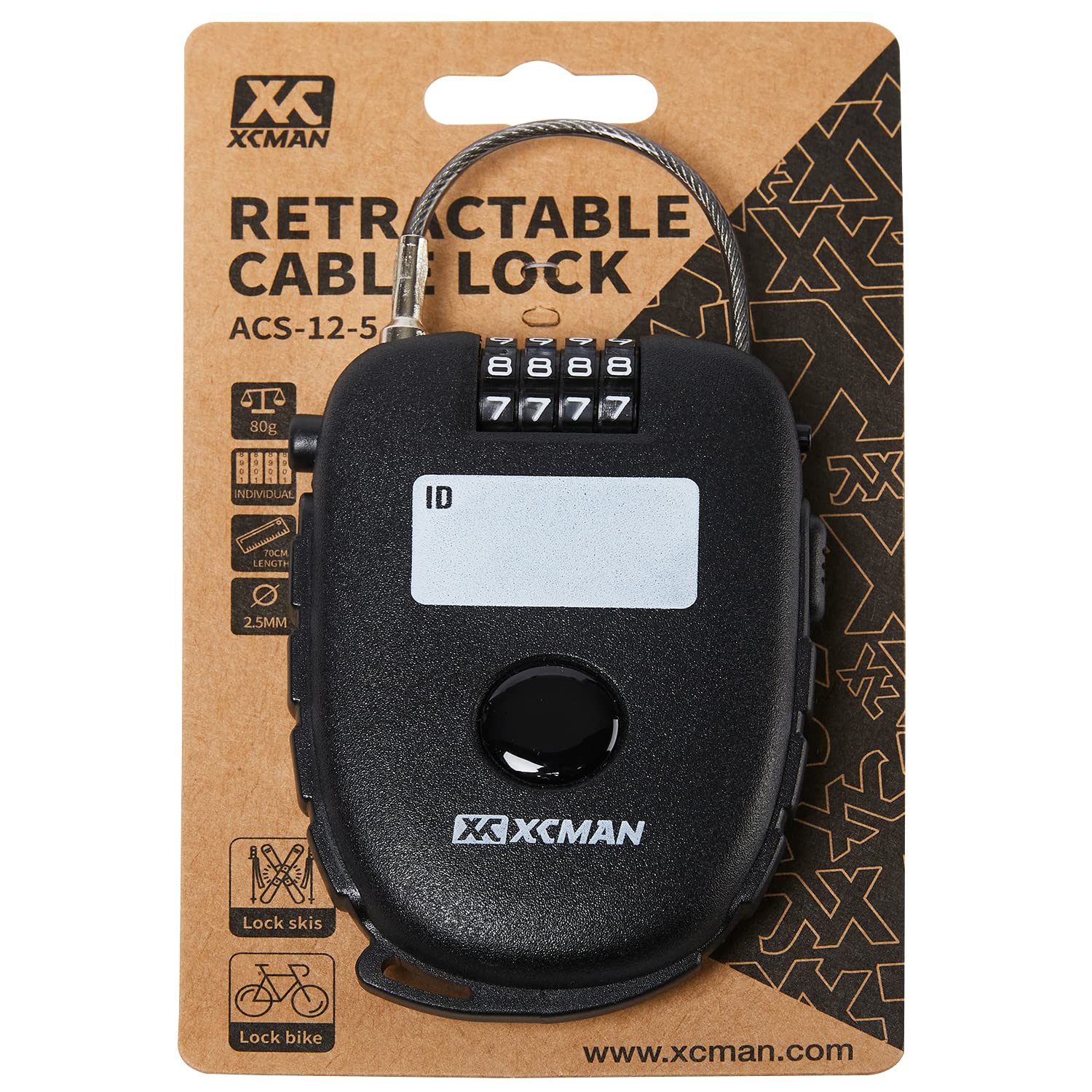 XCMAN Combination Bike Lock with 30 inch Retractable Cable Lock for Ski, Snowboard, Stroller, Bike and Suitcases,Secure 4-Digit