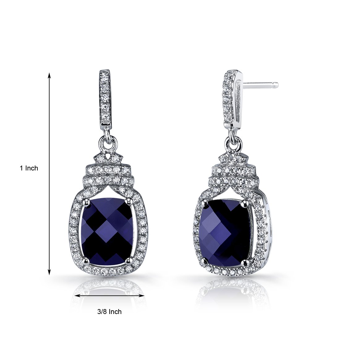 Peora 5.50 Carats Created Blue Sapphire Halo Crown Dangle Earrings for Women 925 Sterling Silver, Cushion Cut 9x7mm, Friction Backs
