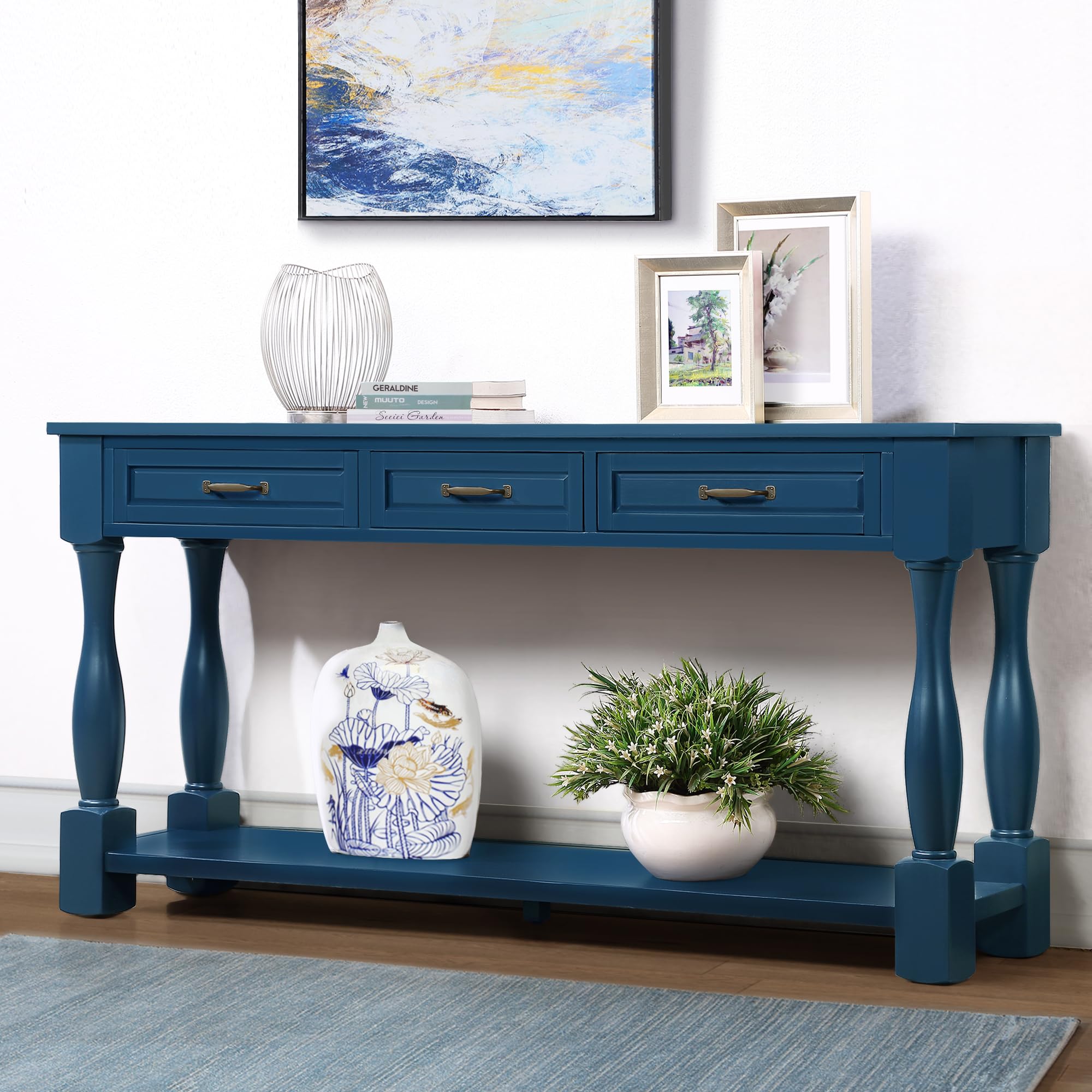 P PURLOVE Console Table for Entryway 64" Wood Sofa Table with Storage Drawers and Bottom Shelf for Hallway Living Room (Distressed White)