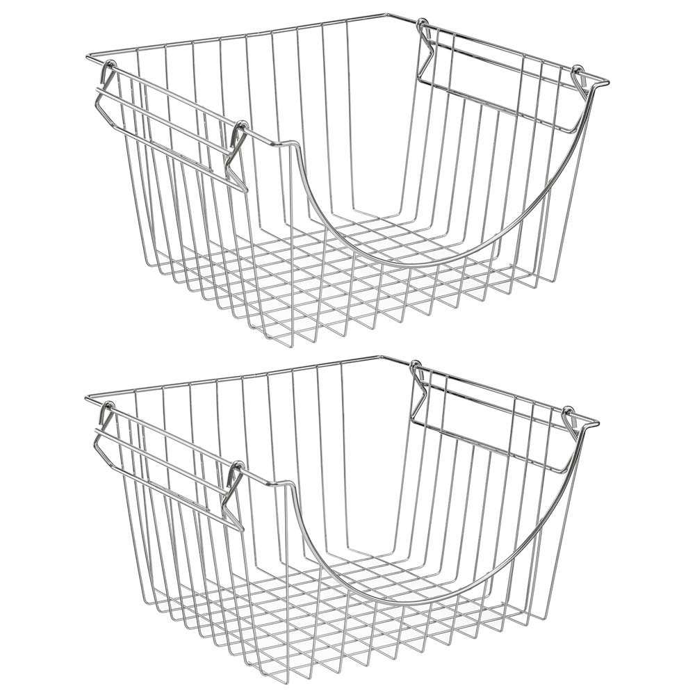 SANNO Stackable Baskets Organizer Bin Stacking Wire Baskets for Home Kitchen Storage, Hanging Garage Tool Organizer, Office and Bathroom Shelves, Large Fruit Basket,set of 2
