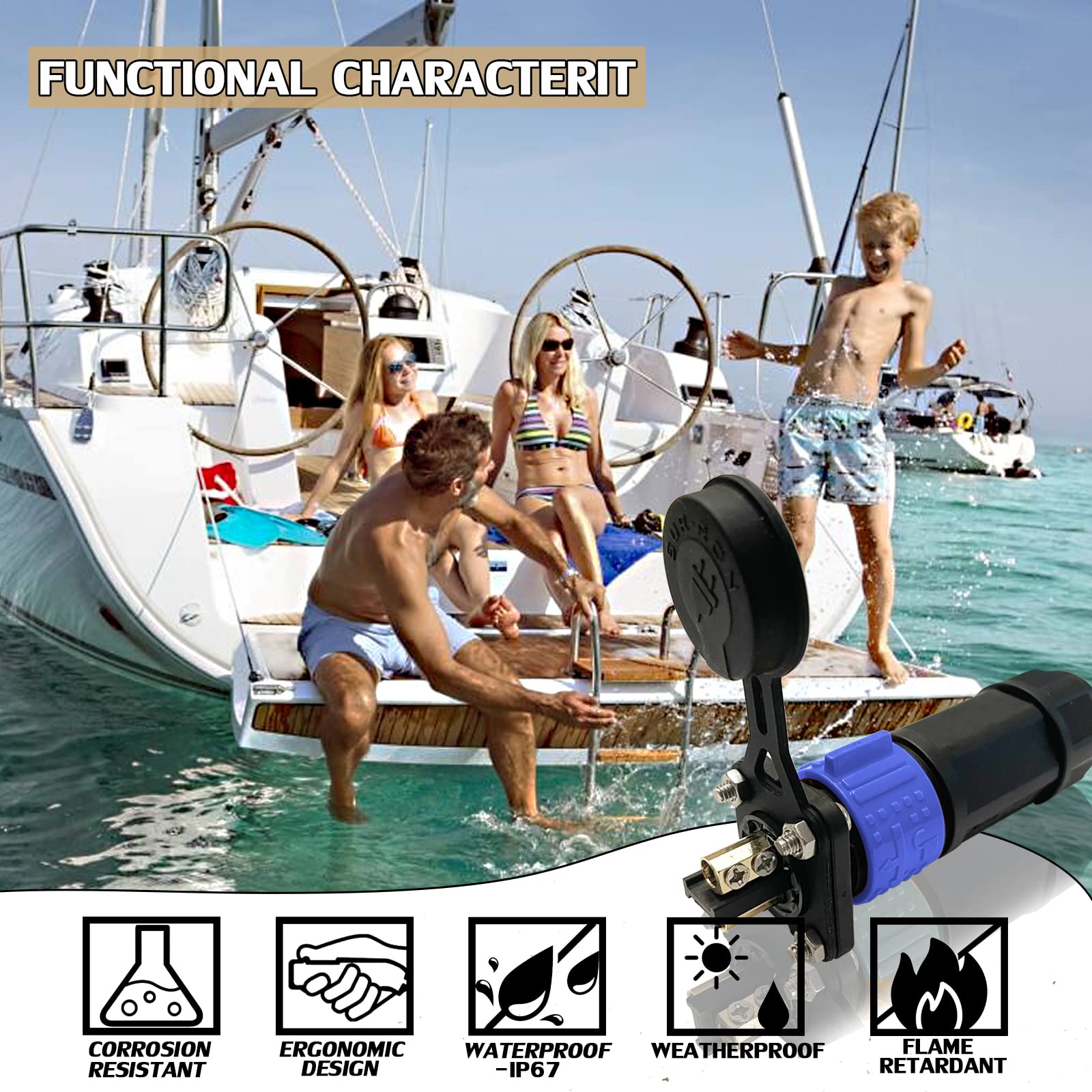 Trolling Motor Plug Receptacle Set, Self-Locking Waterproof Plug Receptacle for Trolling Motor/Downrigger/Fishing Reel,12V/24V/36V/48V Marine Boat DC Power Plug Connector