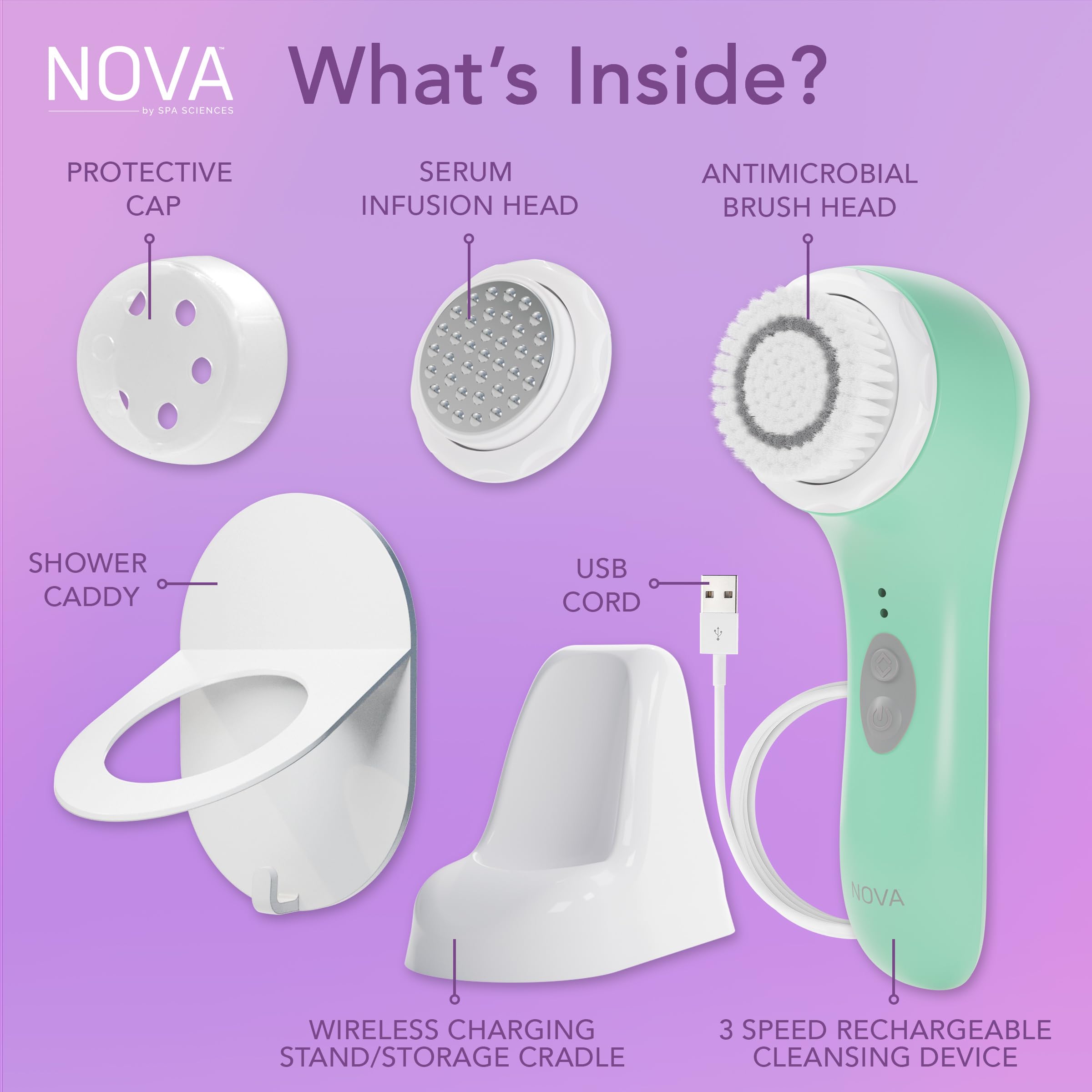 Spa Sciences - NOVA - Sonic Cleansing Brush with Bristles & Infusion System β Anti-Aging Facial Exfoliating, Waterproof, and USB Rechargeable