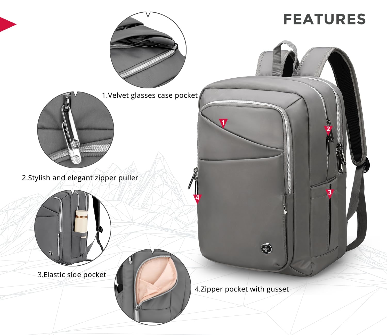 Swissdigital Design Laptop Backpack For Women,College Bookbags With USB Charging Port,Large Capacity Computer Backpacks For Work Business Grey(Katy Rose SD1006F-02)