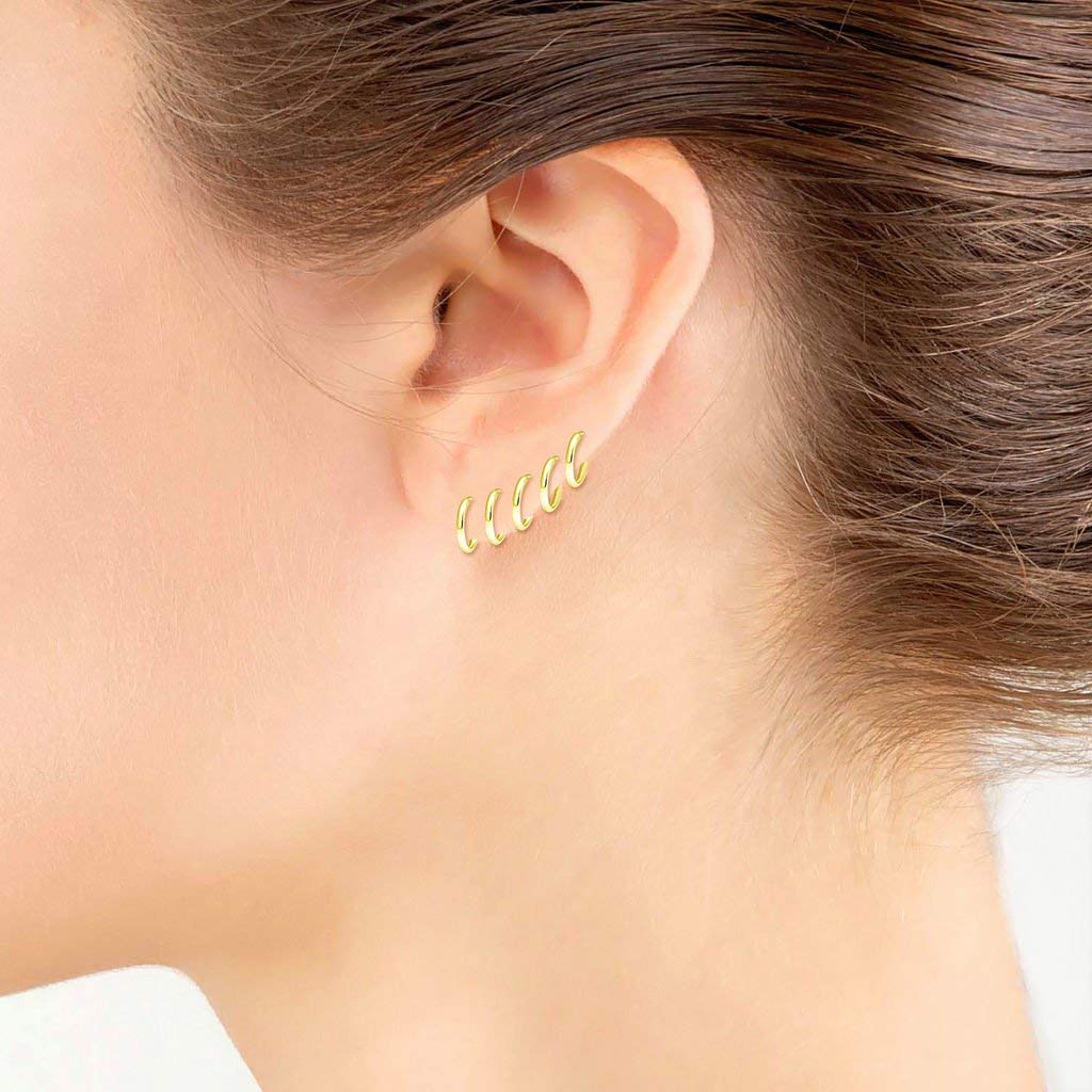 Sterling Silver 5 Pair Set 10mm Thin Round Unisex Endless Hoop Earrings for Women & Men (Yellow Gold)