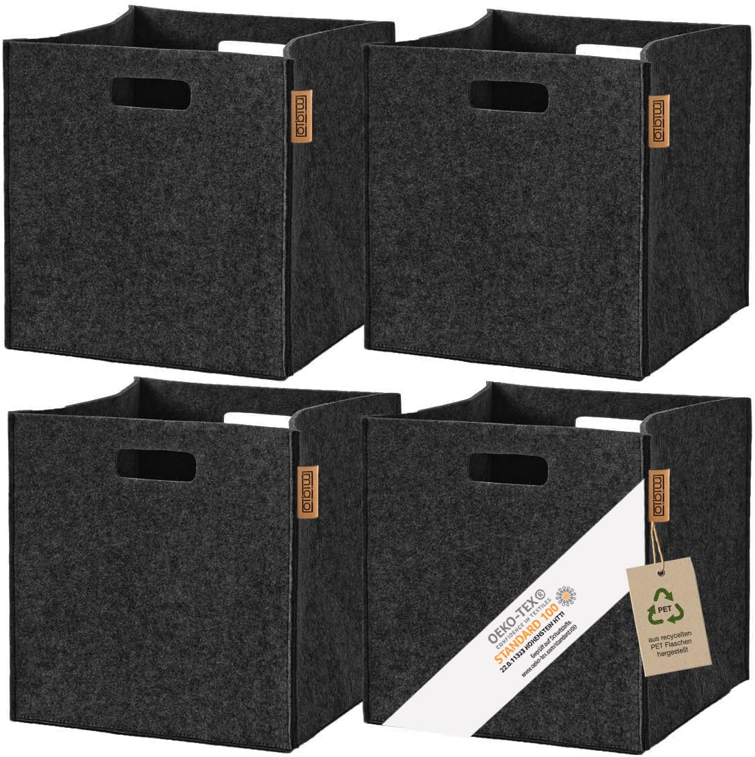 Storage Baskets for Shelves | Felt and Leather | Set of 4 Cubes | 12x12x12 in Closet Bins for Shelves, Baskets for Closet Organization Kallax Cubes Toy Storage (Light Grey or Dark Grey)