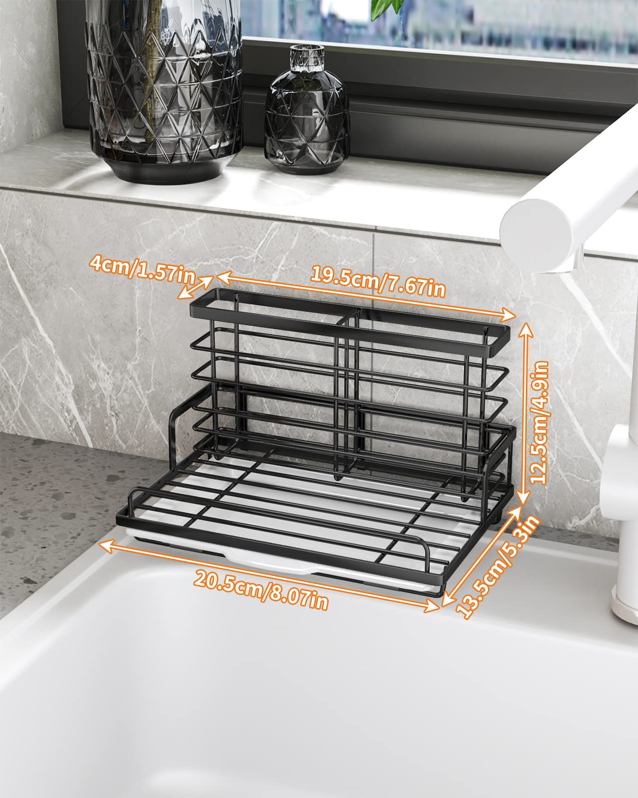 SWTYMIKI Sink Caddy Kitchen Sink Organizer, Large Capacity Sink Sponge Caddy with Pull-Out Drainage Tray Rustproof Kitchen Sponge Holder with Detachable Basket for Sponge and Brush, Black