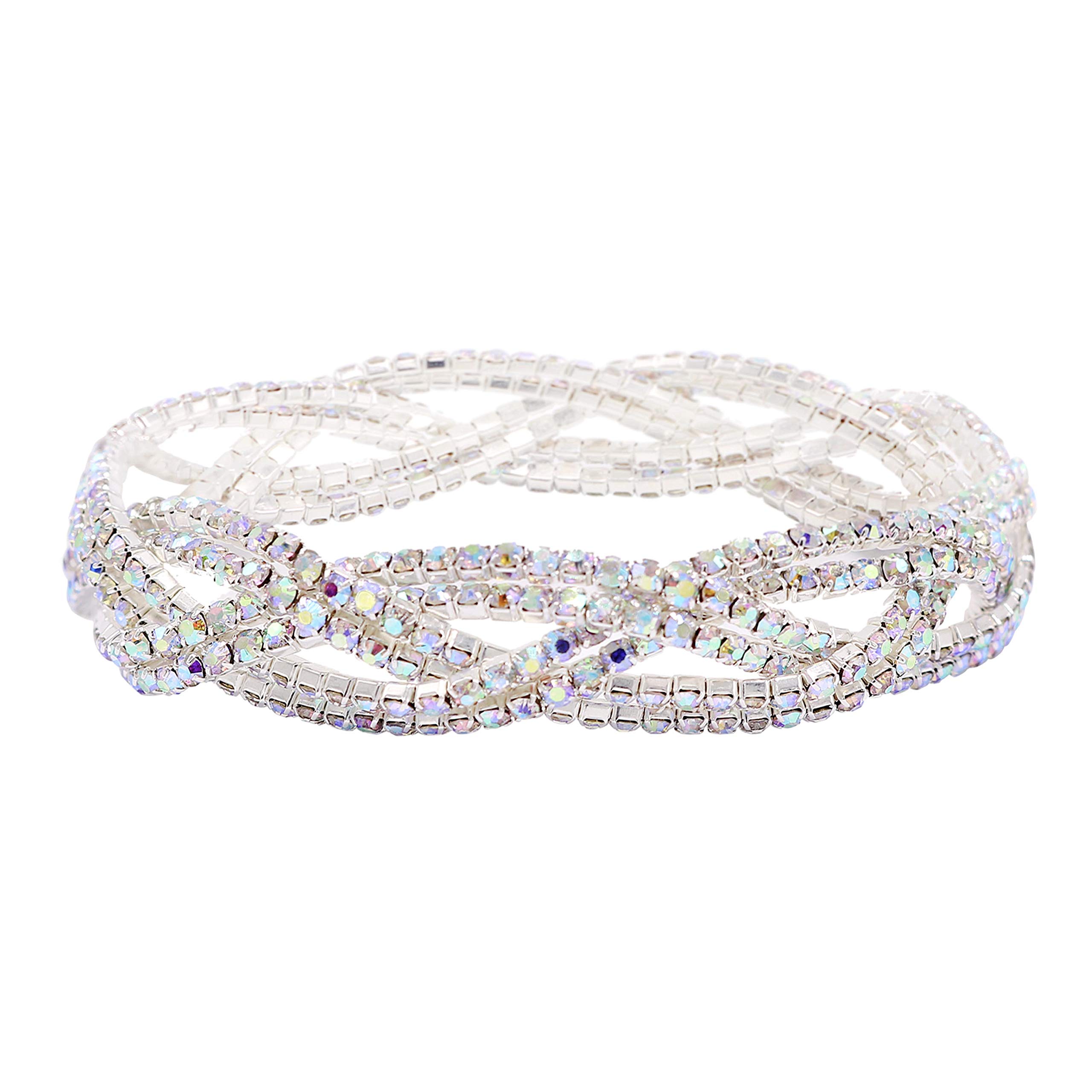 So Pretty Rhinestone Stretch Bracelet Silver Plated AB Color Crystal Bridal Bracelet for Wome.