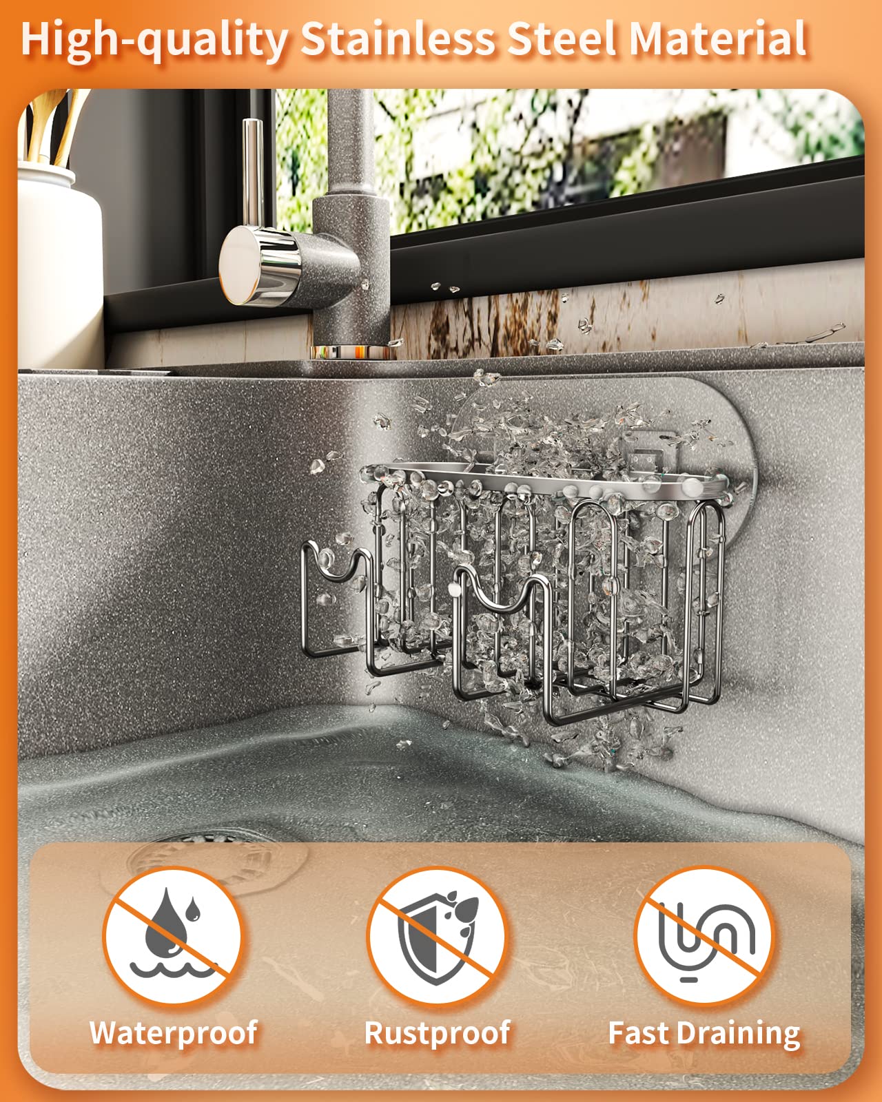 SWTYMIKI Sink Sponge Holder With Double Hook, Stainless Steel Sink Caddy Kitchen Sink Organizer Multifunctional Rustproof Kitchen Sponge Holder for Kitchen Sink Accessories, Silver