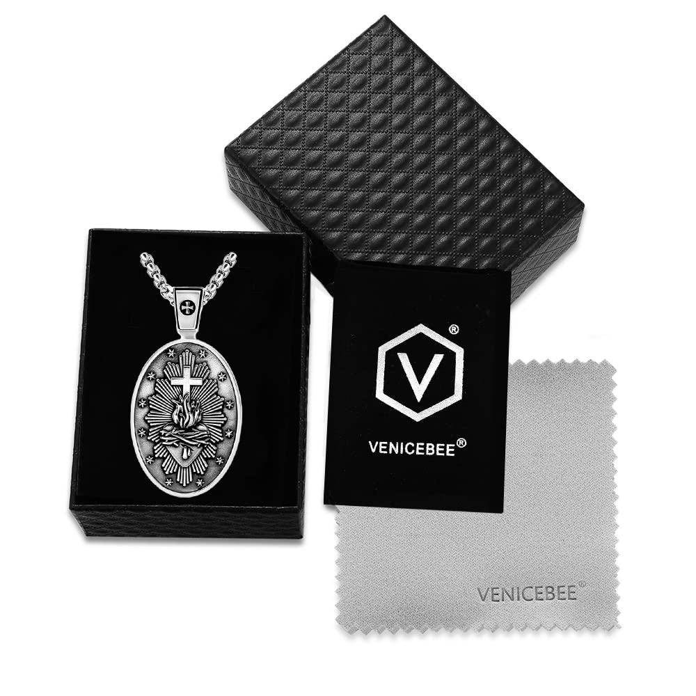 VENICEBEEĀ® Cross Jesus Christ Sacred Heart Medal Divine Love Flame Devotional Christian Amulet Unique Solid 925 Sterling Silver Pendant Necklace + Velvet Pouch, Polishing Cloth, Fine Gift Box