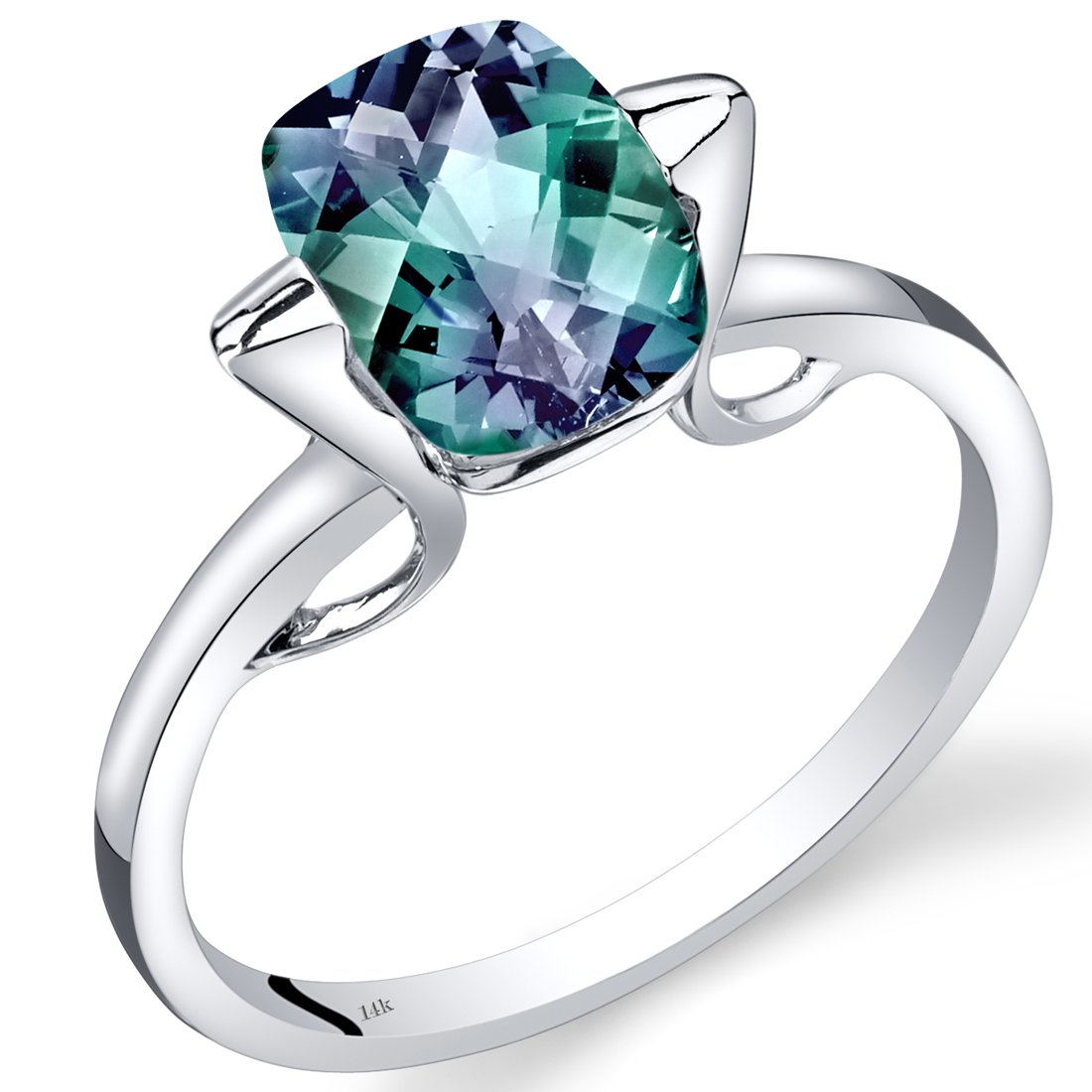PEORA Created Alexandrite Solitaire Ring for Women 14K White Gold, Color-Changing 2.50 Carats Cushion Cut 9x7mm, Size 7