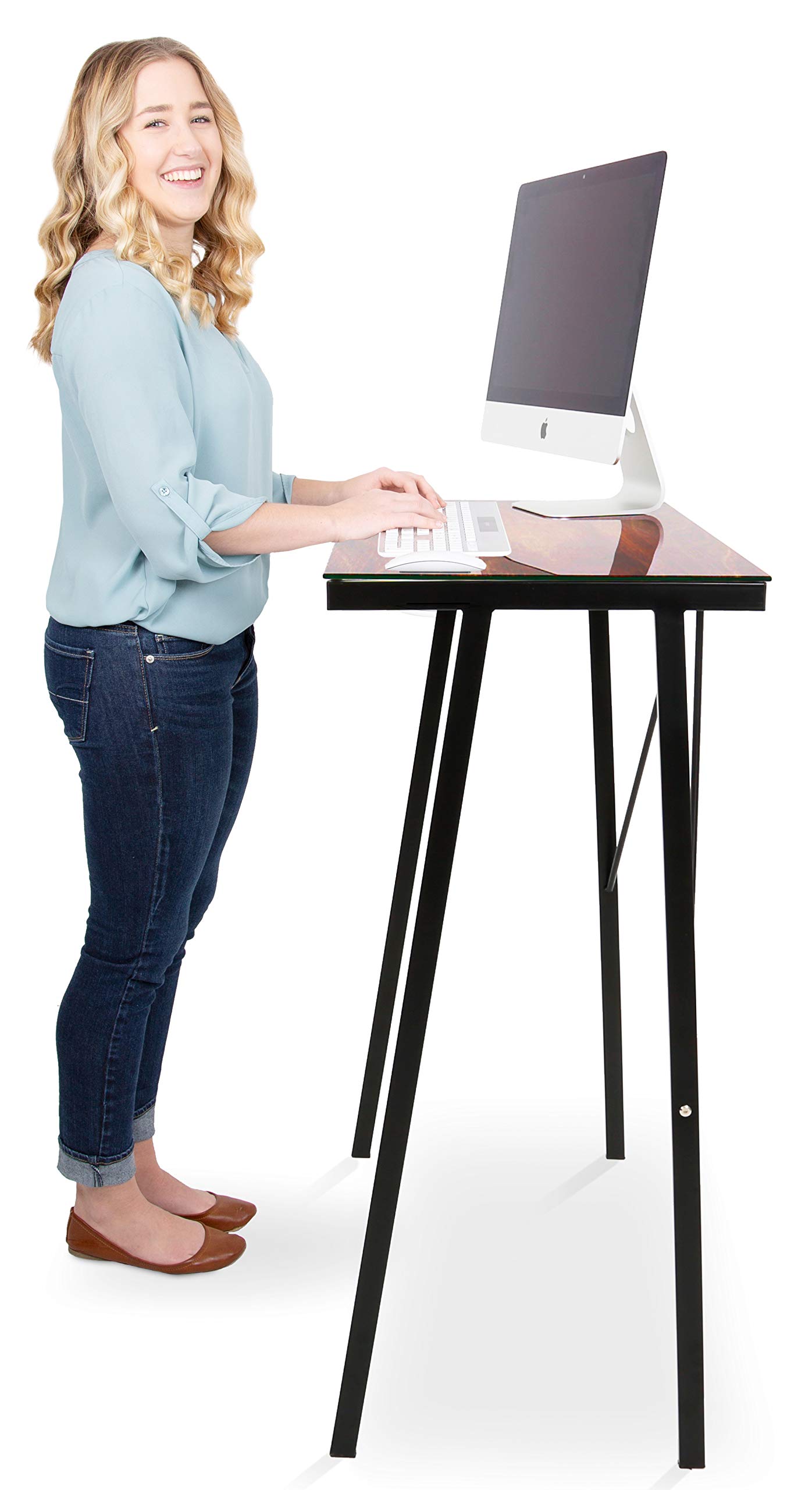 Stand Steady Joy Desk | Compact Multifunctional Standing Table for Home & Office | Modern Glass Top with Stylish Wood Design | Space-Saving Standing Desk for Small Workspaces (Wood / 32in x 41in)