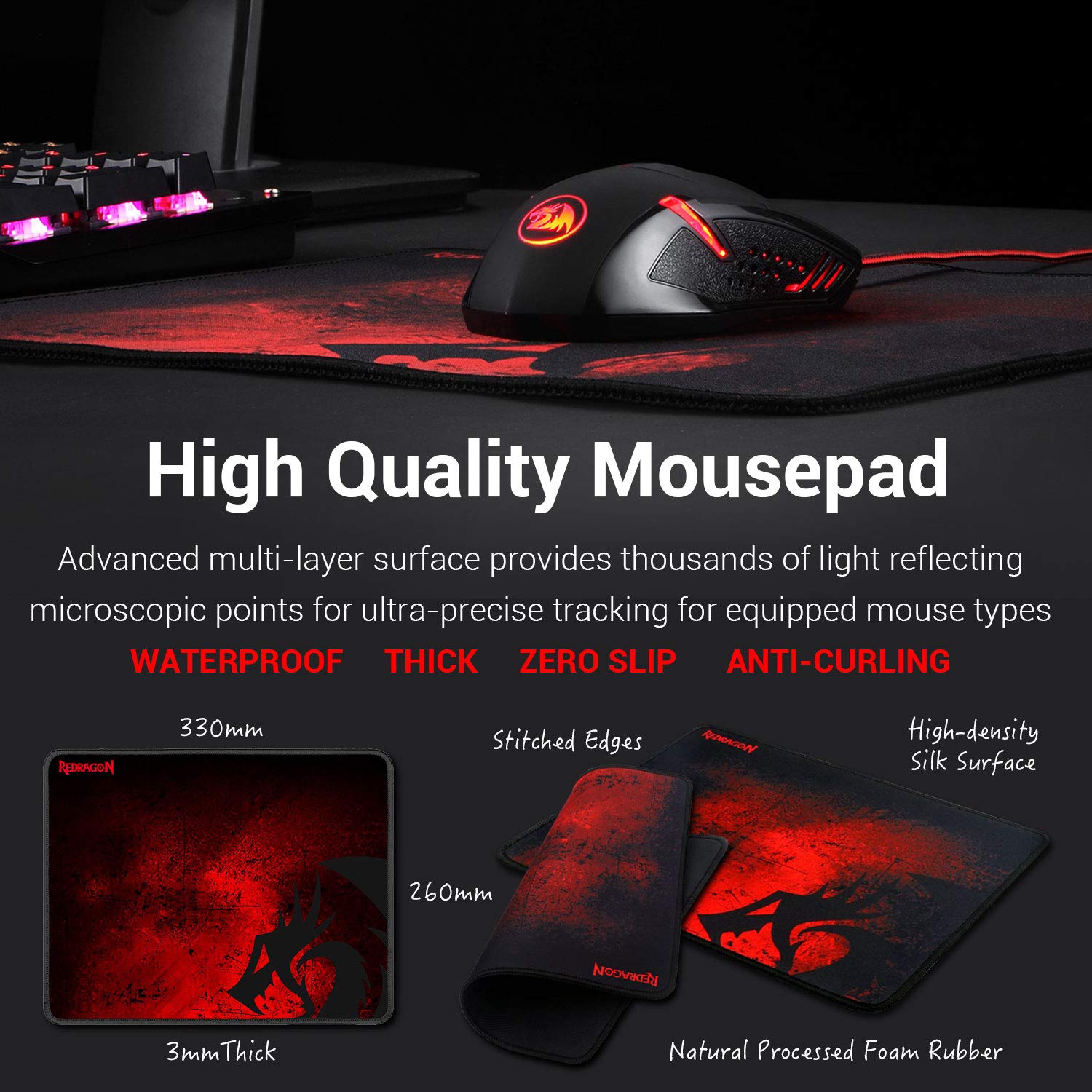 Redragon M601-BA Gaming Mouse and Mouse Pad Combo, Ergonomic Wired MMO 6 Button Mouse, 3200 DPI, Red LED Backlit & Large Mouse Pad for Windows PC Gamer (Black Wired Mouse & Mousepad Set)