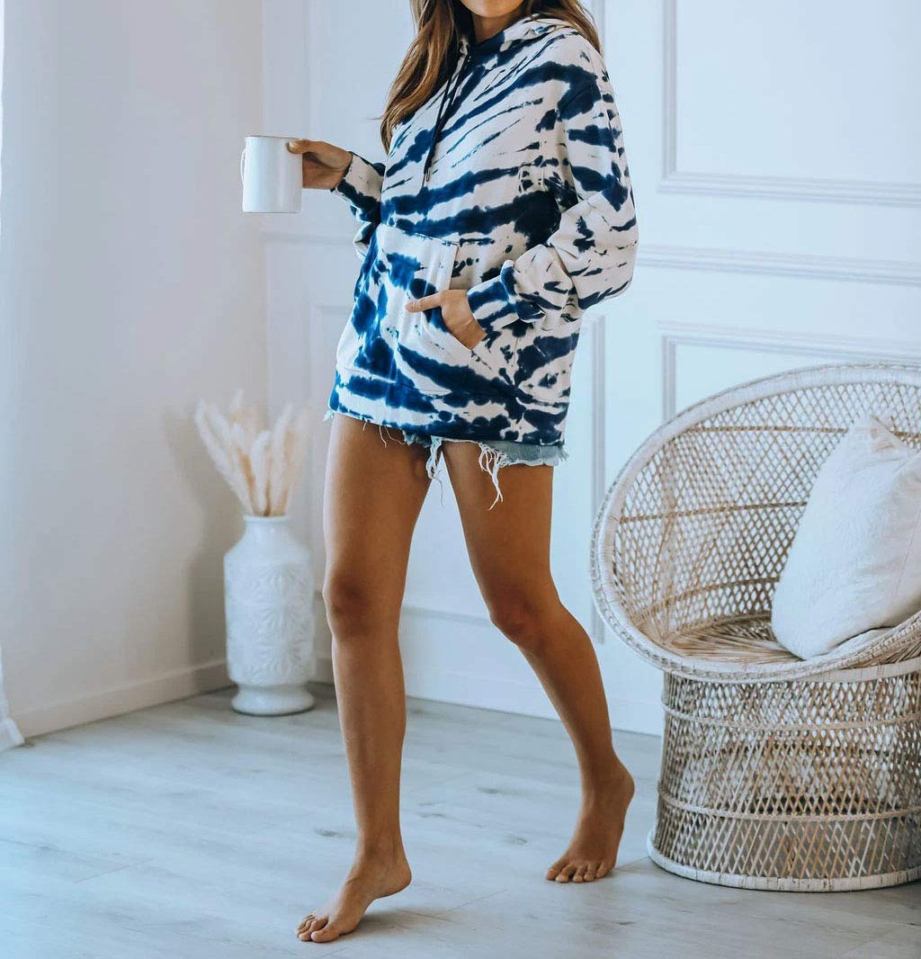 REVETRO Womens Tie Dye Sweatshirt Hooded Pocket Pullover Hoodies Long Sleeve Tunic Tops Navy Blue Large