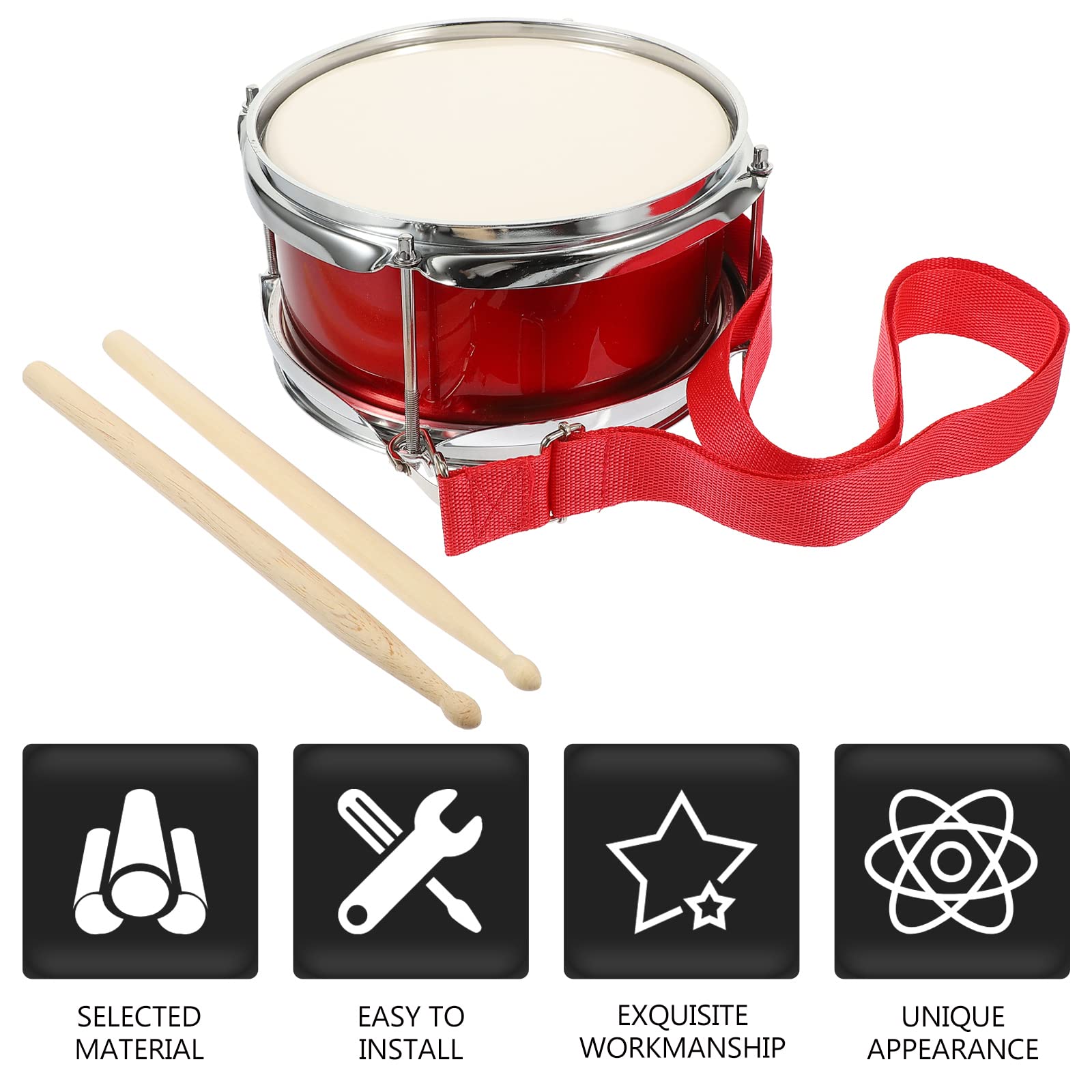 Vaguelly 9 Inch Kids Drum with Mallet and Strap, Snare Drum Wooden Percussion Musical Instrument Marching Drum Toy for Kids 3+, Red