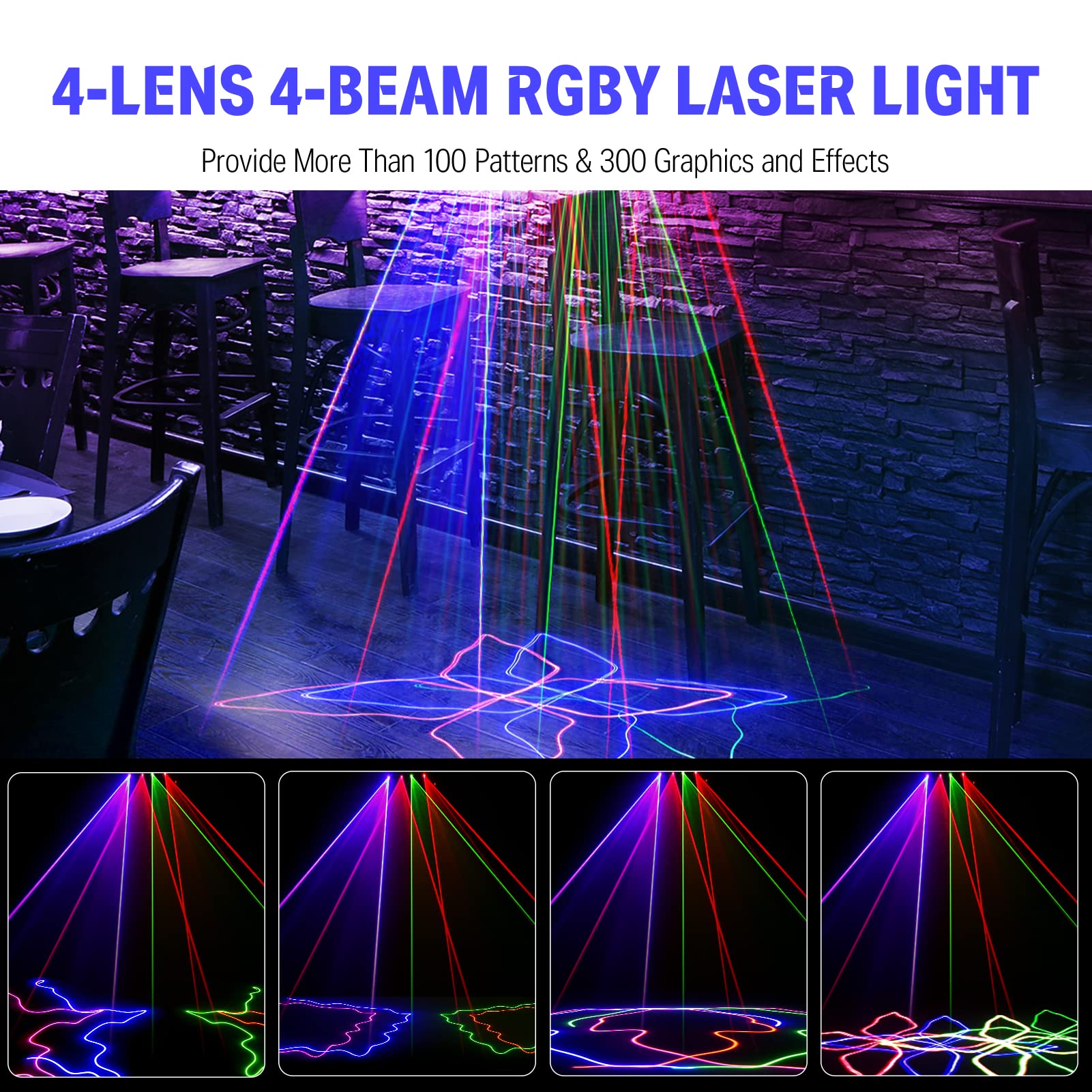 Stage Laser Lights Donner Music Sound Activated Strobe RGBY Light 4 Beam Effect DJ Light DMX Remote Control RGBY LED Party Lights for Disco KTV Bar Club Birthday Wedding