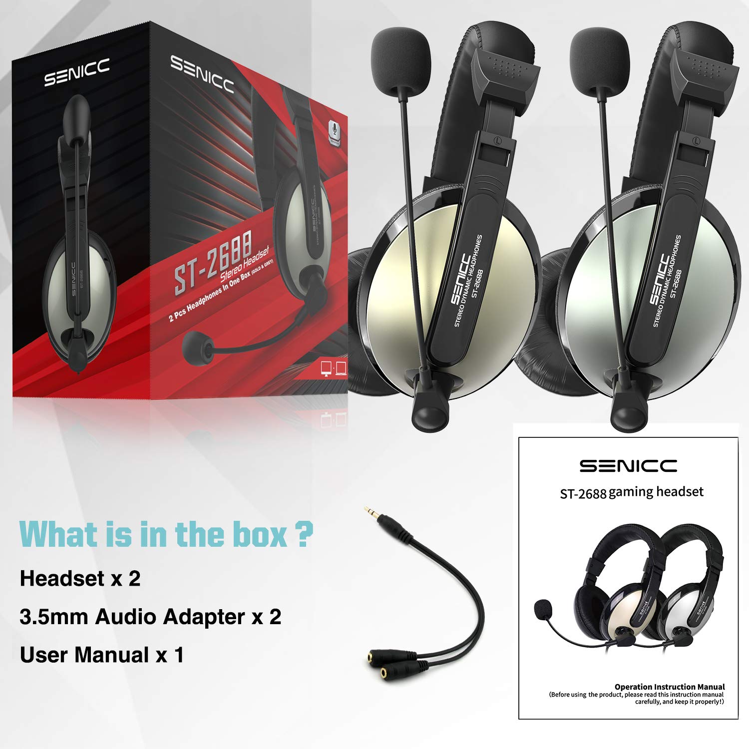 SENICC 2 Pack Gaming Headset for PS4, Xbox One, PC, Mobile Phone, Nintendo Switch, Over Ear Headphones with Mic Volume Control, Lightweight 3.5mm Wired Headset for Women Man Kids