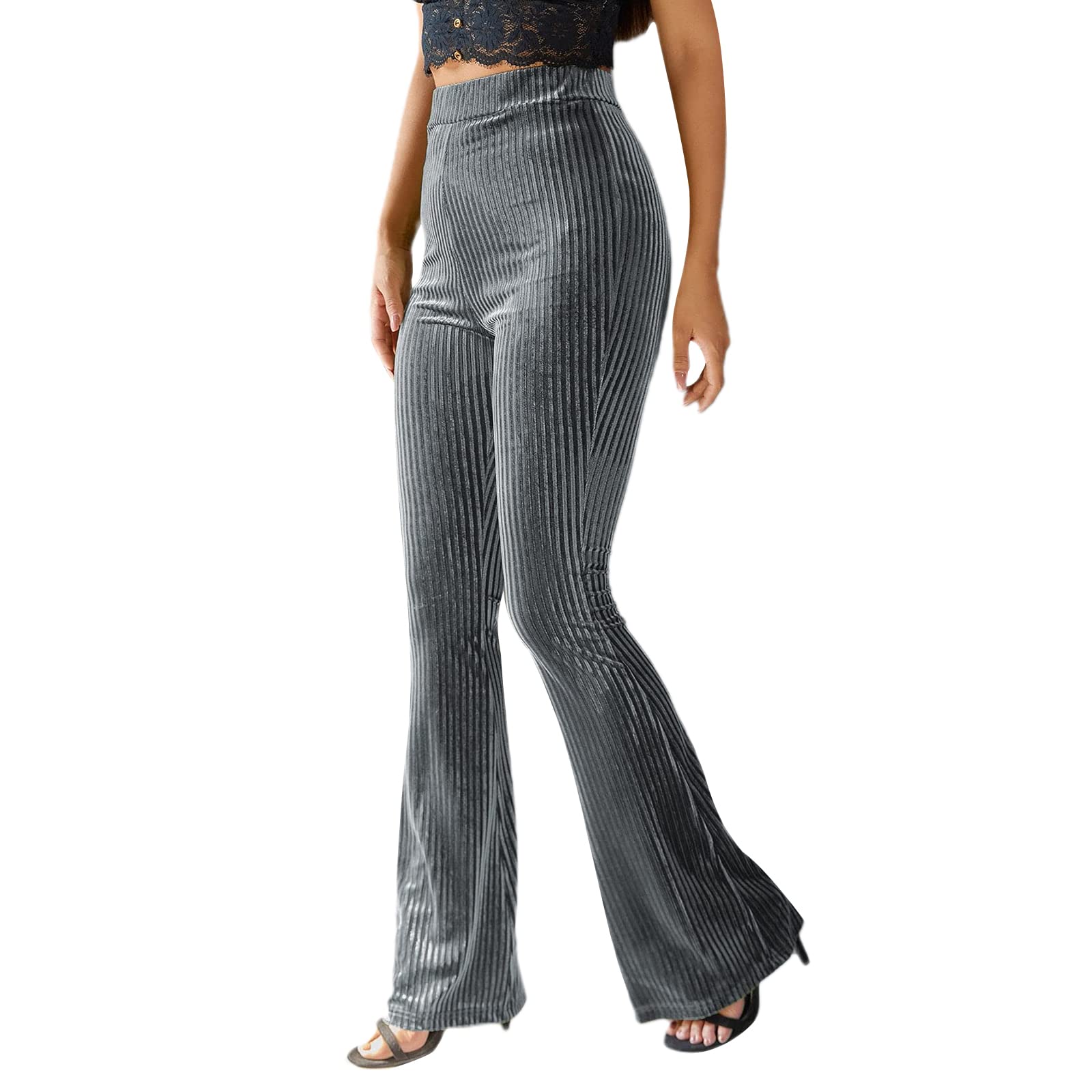 YILYFD Velvet Flare Pants for Women Gothic Elastic High Waisted Courdoroy Disco Bell Bottom Pants Bootcut Yoga Palazzo Long Trousers (Dark Grey, M)