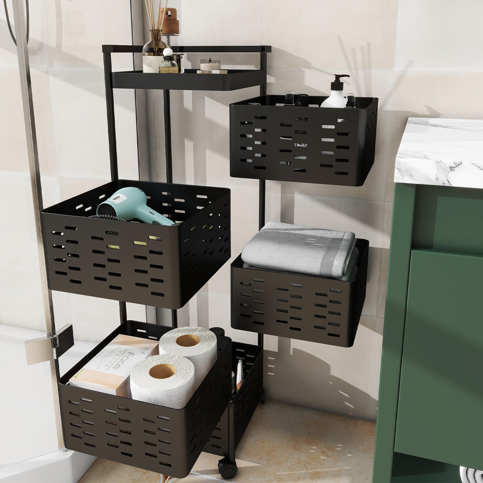 PzewMo Rotating Storage Rack, 5 Tiered Shelf Organizer, Metal Rolling Cart with Swivel Drawers, Fruit Basket, Kitchen Bathroom Pantry Organization, Vegetable Onion Potato Storage (Black)