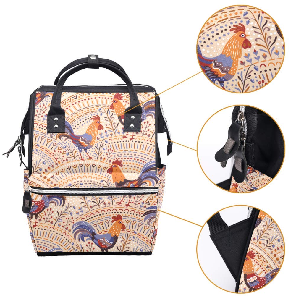 Shiiny Cute Roosters Chickens in Beige Floral Ornament Diaper Bag Backpack for Baby Care, Multi Function Waterproof and Cooler Tote Travel Backpack (Nappy Bag, Tissue Pocket)