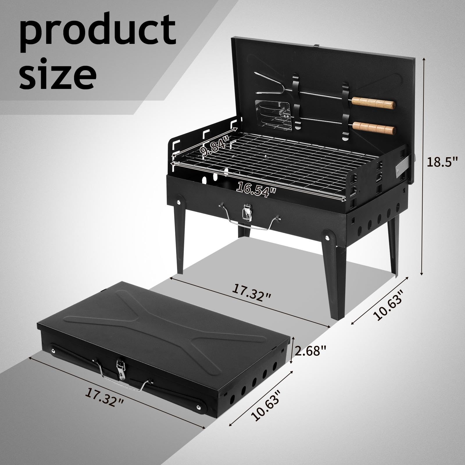 Portable Foldable Charcoal Grill,Small BBQ Grill Suitcase Square Covered Smoker Grill With Folding Legs & Lid,Lightweight Metal Outdoor Cooking Grill for Camping,Tailgating,Picnics,Black