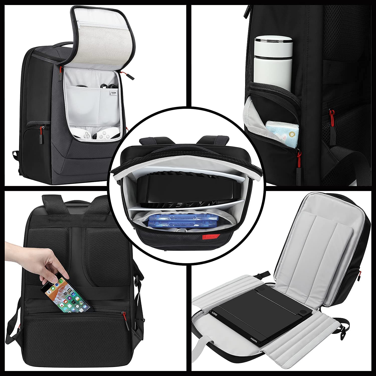 U/R Fenmaru Waterproof Game Backpack Travel Carrying Case Storage Bag for Sony PS5 Game Console (Black)