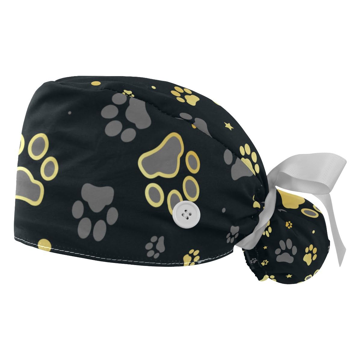 ZORE_FINE5 2 PCS Long Hair Working Cap with Buttons and Sweatband Ribbon Tie Back Hat Gold Dog Paw Print Bouffant Scrub Turban Caps