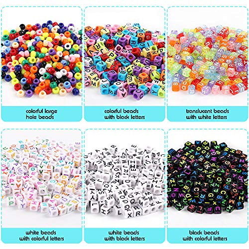 Quefe 1400pcs Beads Kit Letter Beads and Large Hole Beads in 6 Styles with 50 Meters Elastic String Assorted for DIY Bracelets, Necklaces, Key Chains and Other Jewelry Making