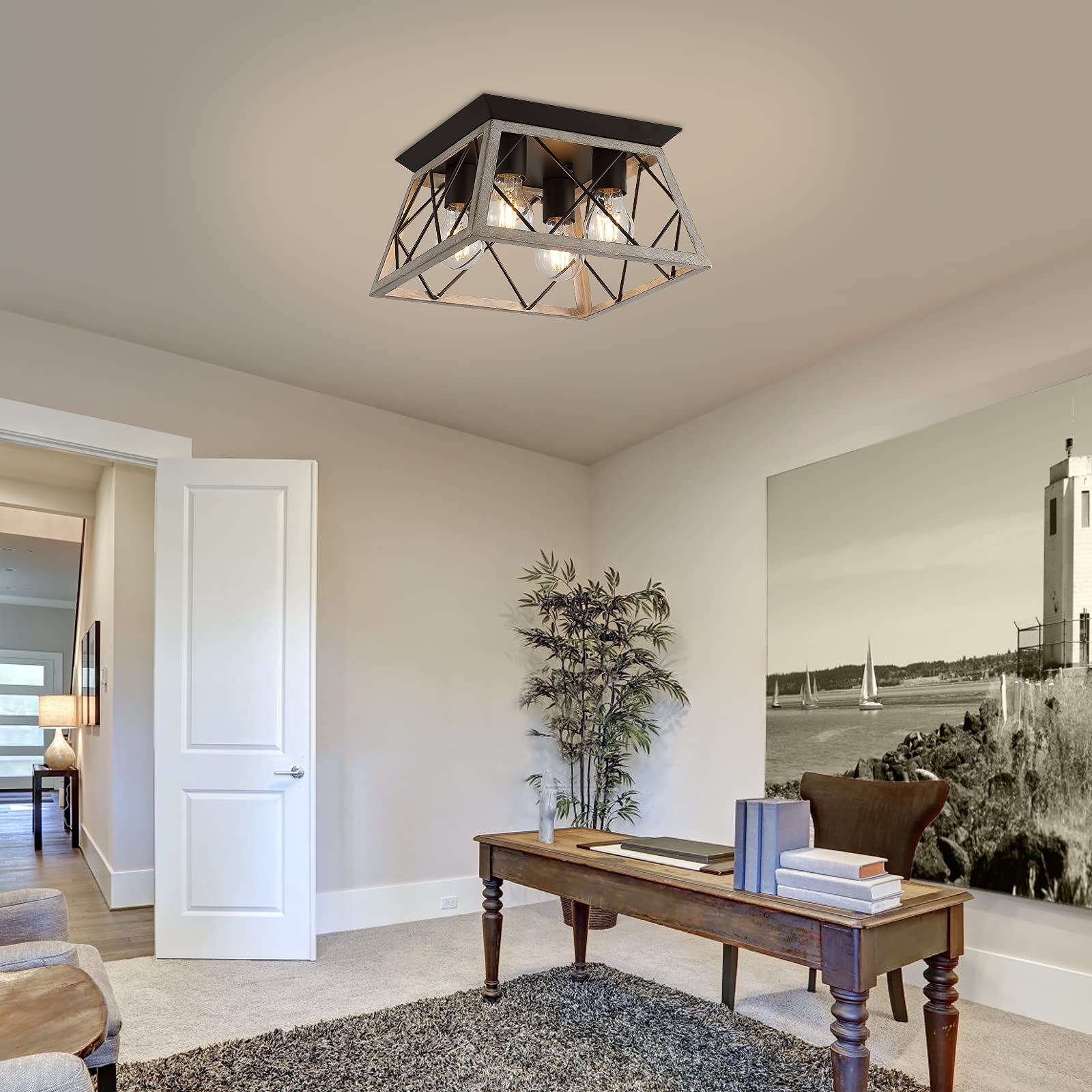 Q&S Farmhouse Ceiling Light OAK Semi Flush Mount Vintage 4-Light Square Rustic Island Light Fixtures for Entryway Hallway Dining Room Living Room Bedroom