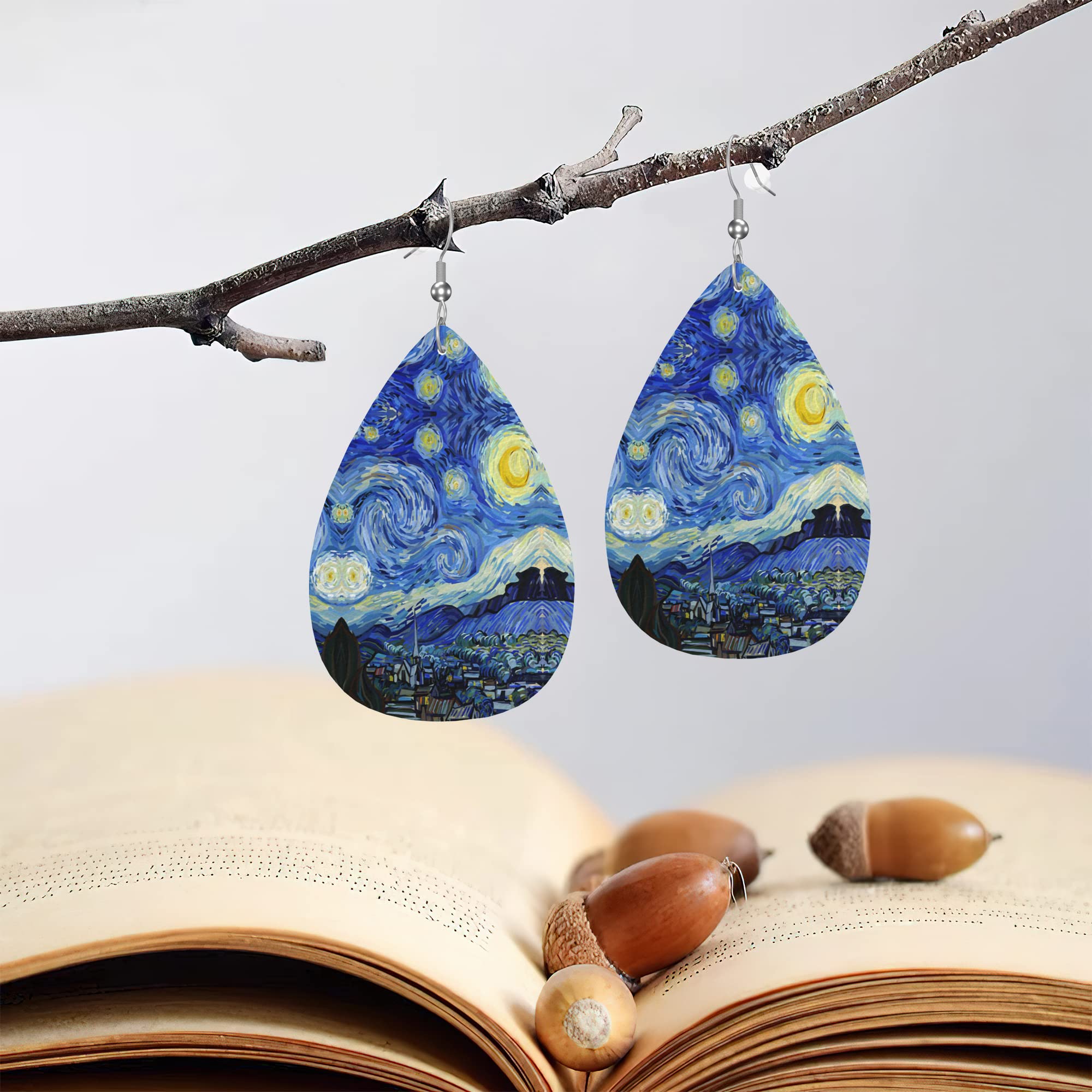 ZTHLL Leather Teardrop Earrings For Women,Van Gogh Starry Night Pattern Western Earrings For Girls Gift Drop Lightweight Dangle Earrings
