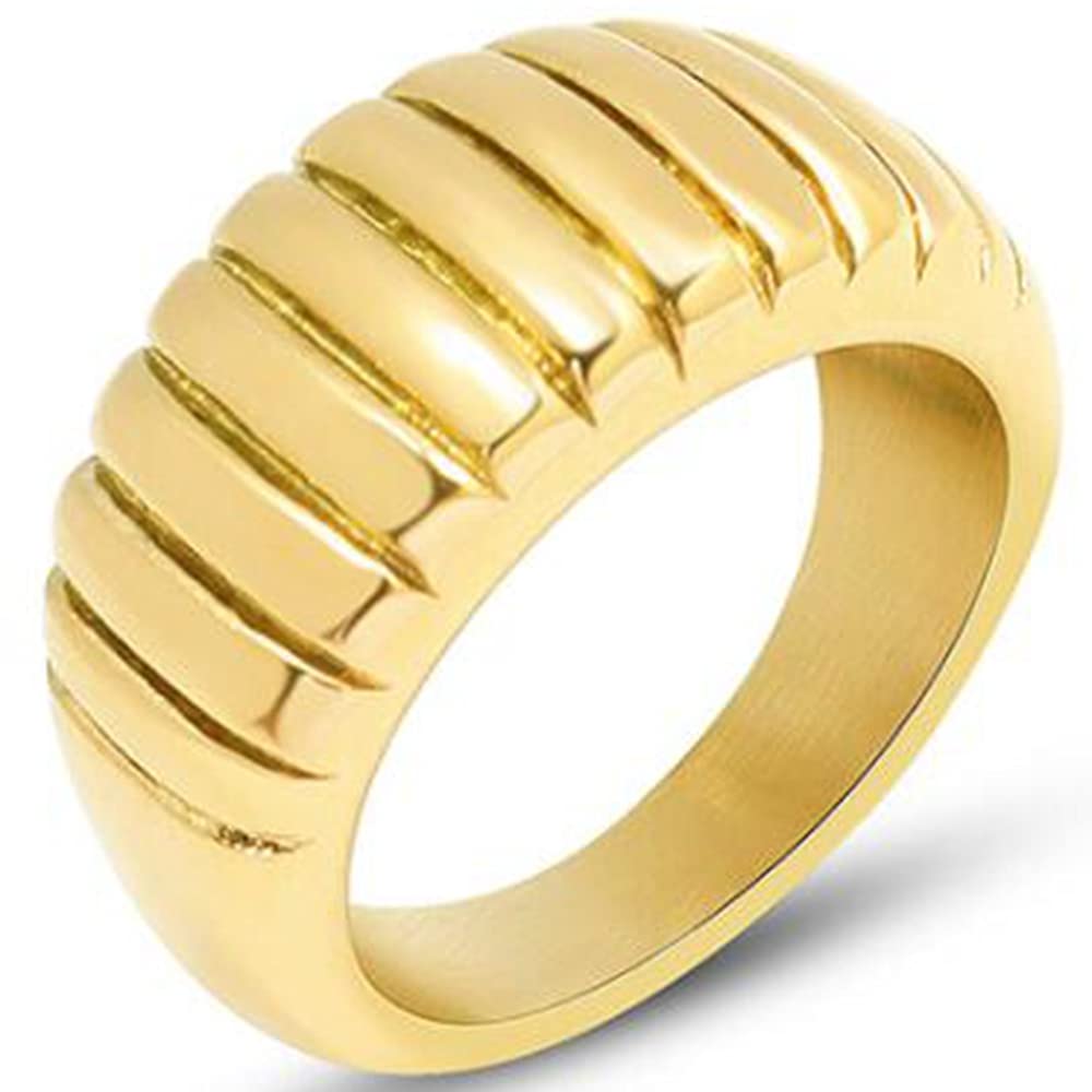 Stainless Steel Fat Domed Grooved Style Wedding Statement Cocktail Party Anniversary Christmas Ring (Gold, 7)