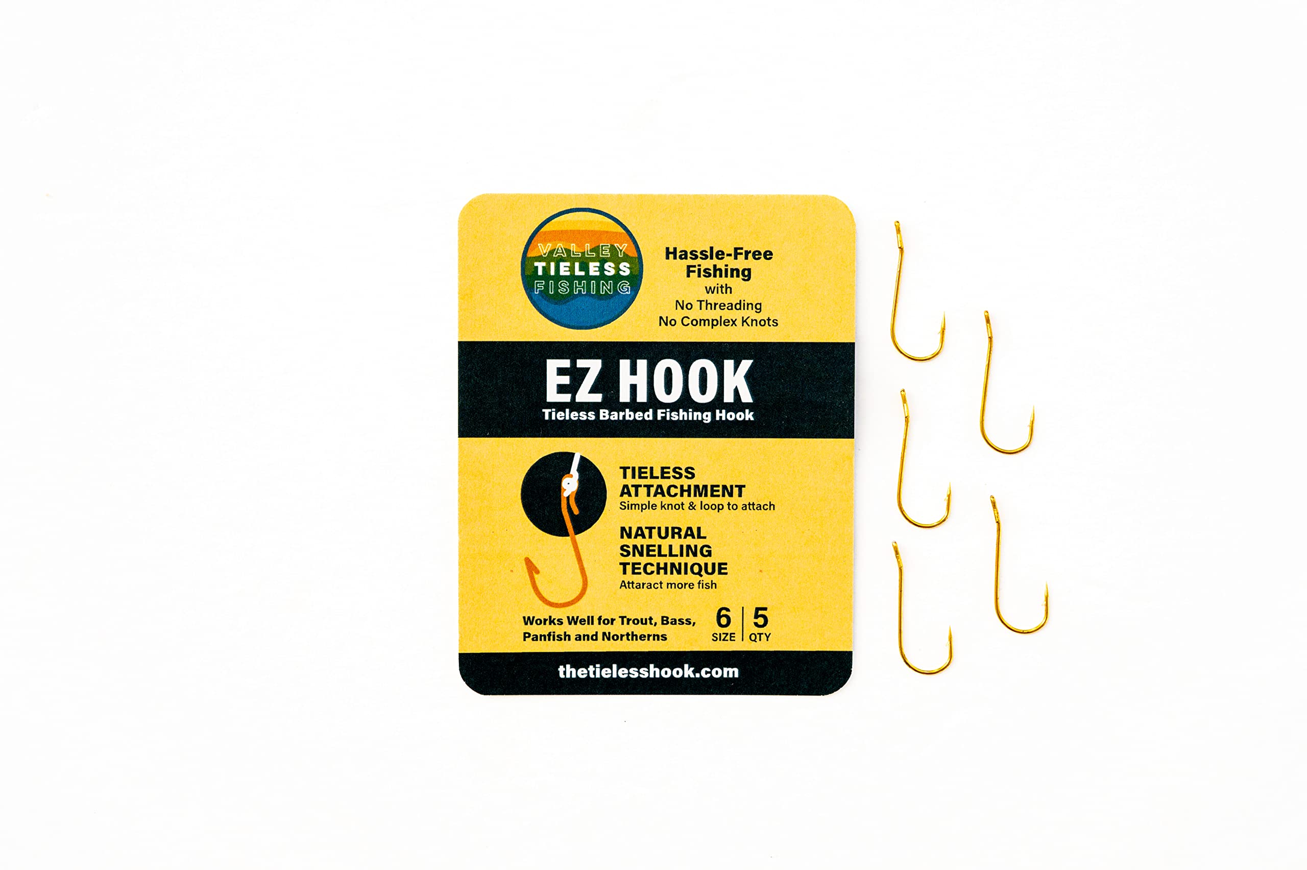Valley Tieless Fishing, EZ Fishing Hook, Freshwater Barbed Hook Set, 5 Pack #6 Gold Hooks